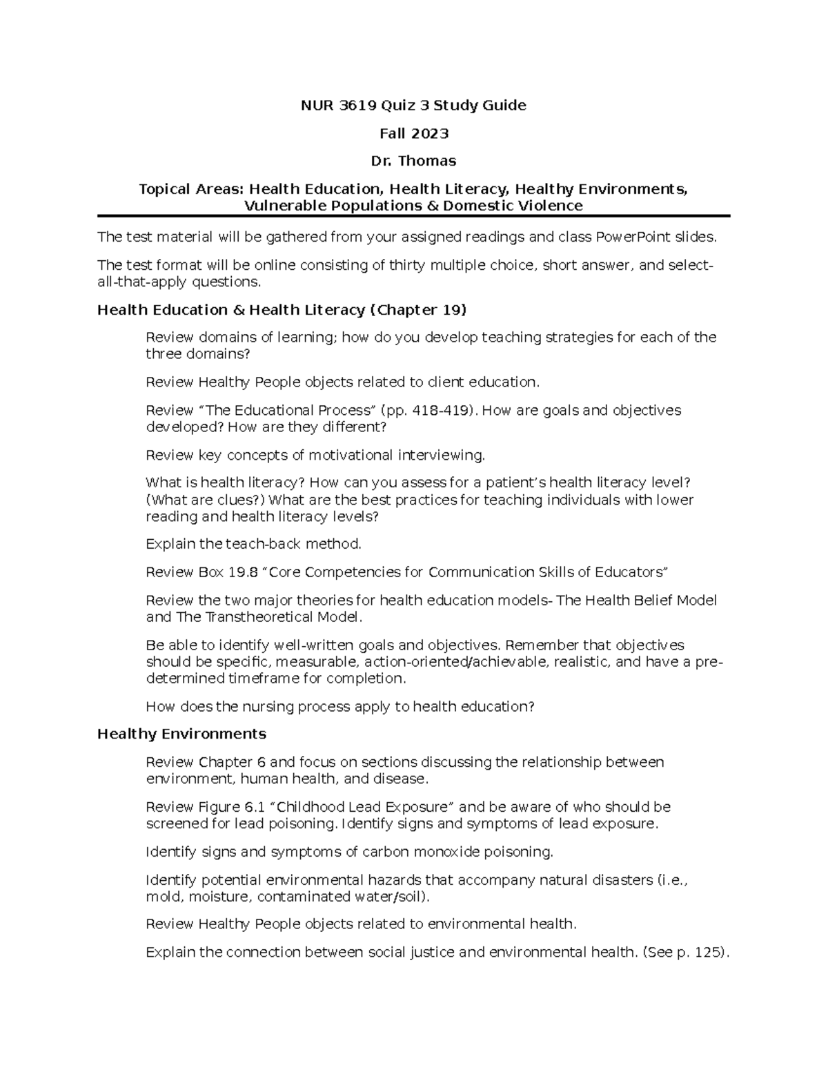 Fall 2023 Quiz 3 Study Guide rev RT 111523-1 - NUR 3619 Quiz 3 Study ...