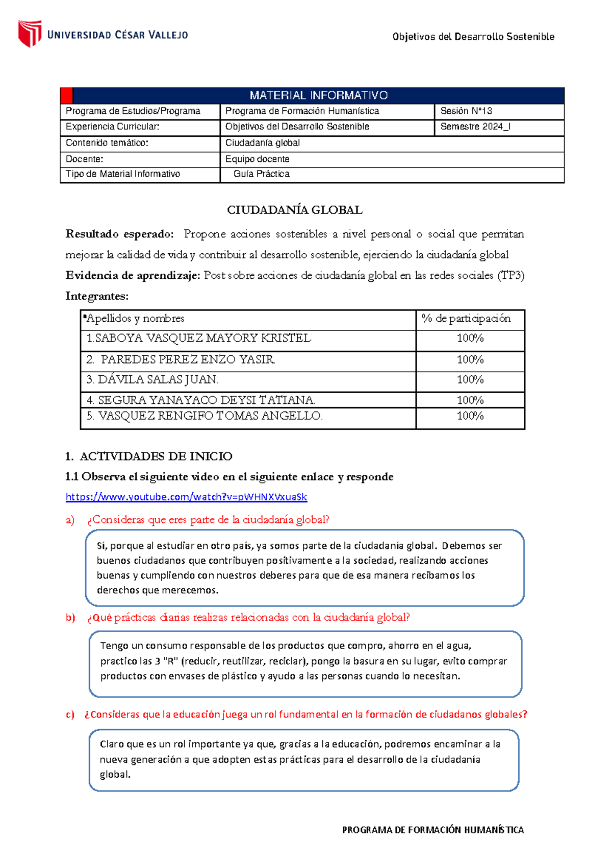 Guía práctica N° 13 ODS POST - MATERIAL INFORMATIVO ####### Programa de Estudios/Programa ...