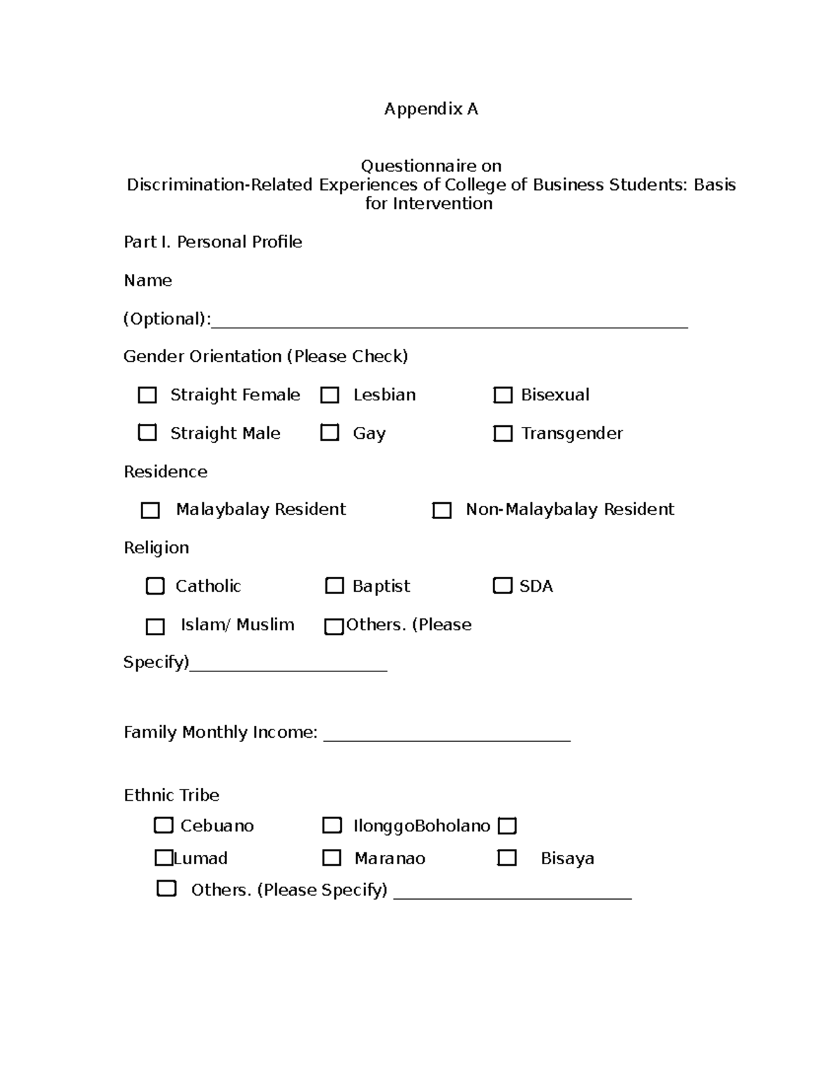 Sample Research Questionnaire - Appendix A Questionnaire on ...