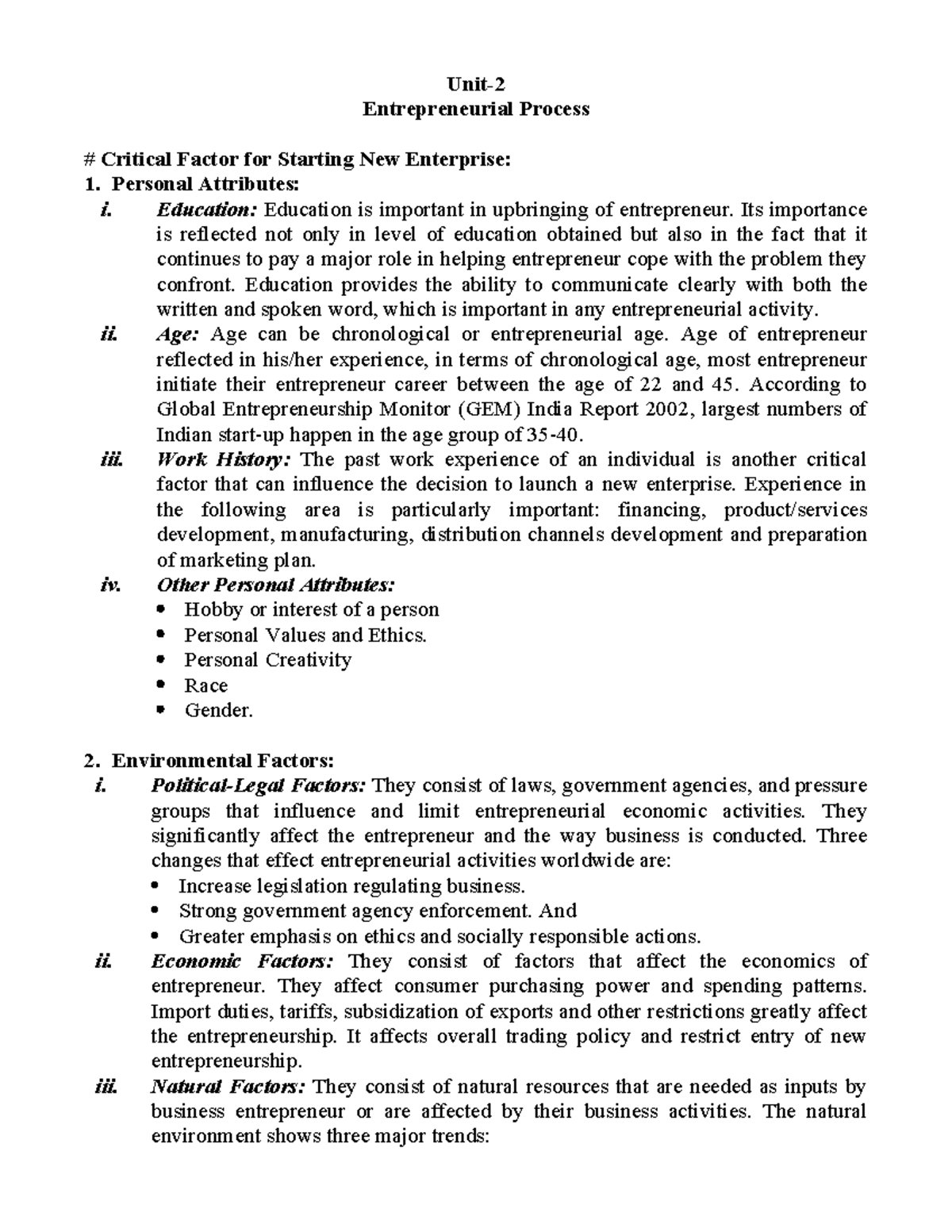 Enp Unit 2 - Ib notes - Unit- Entrepreneurial Process Critical Factor ...