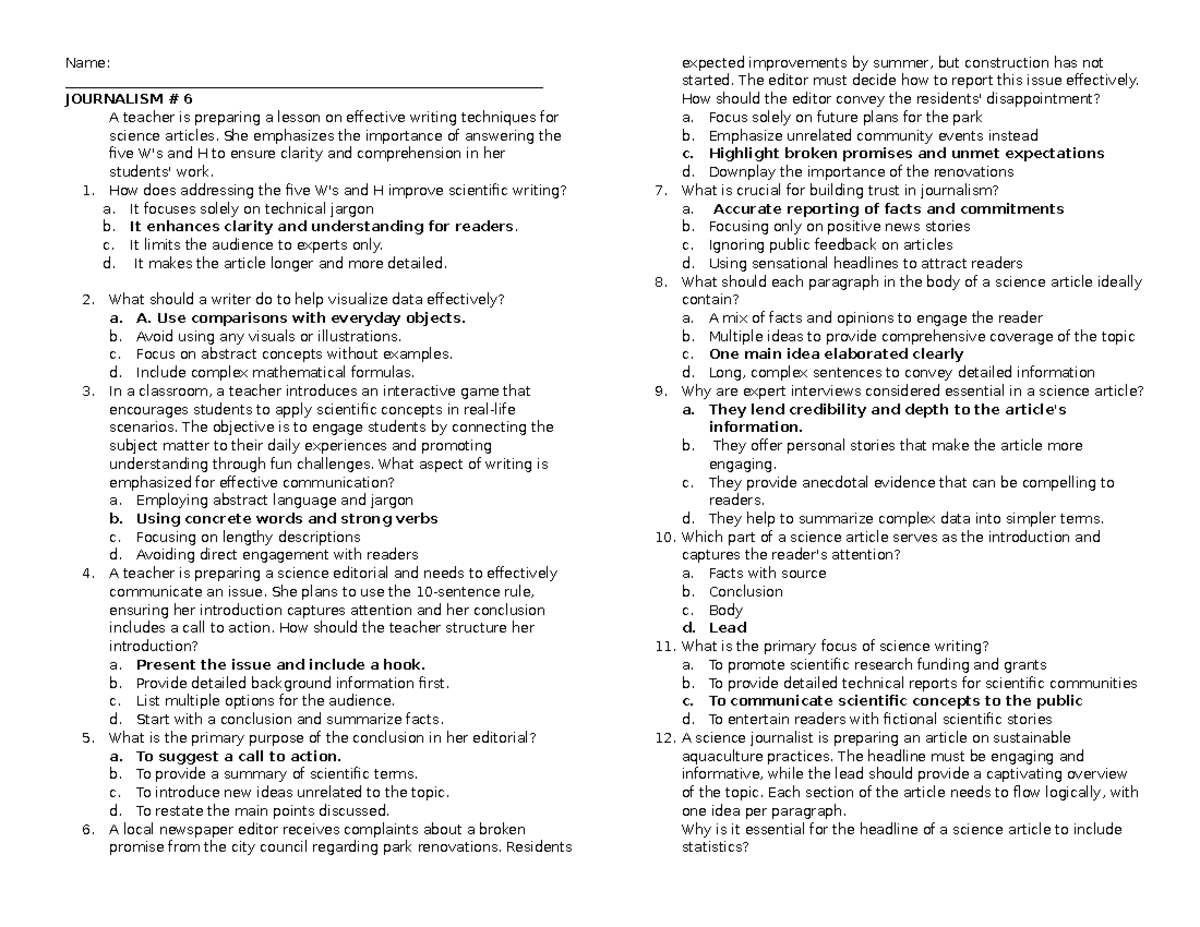 Journalism summative week 8 - Name: JOURNALISM # 6 A teacher is ...