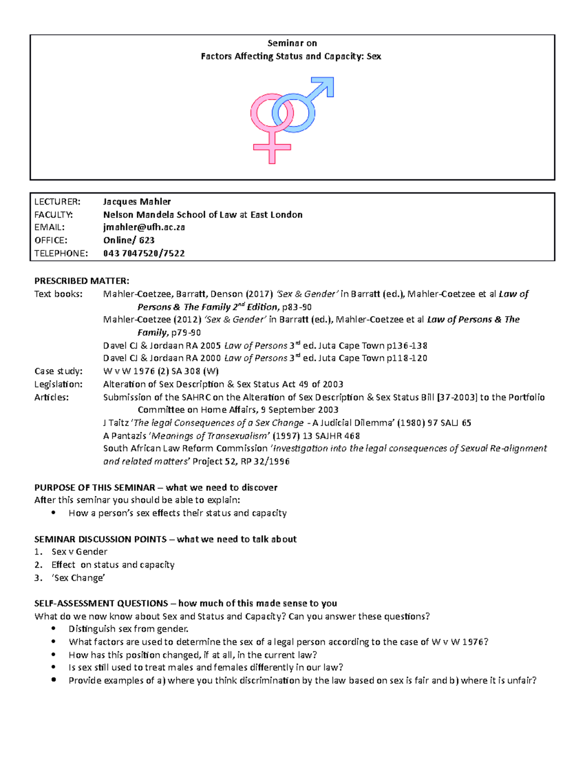 Law Of Persons Factor Sex Seminar Sheet Seminar On Factors Affecting