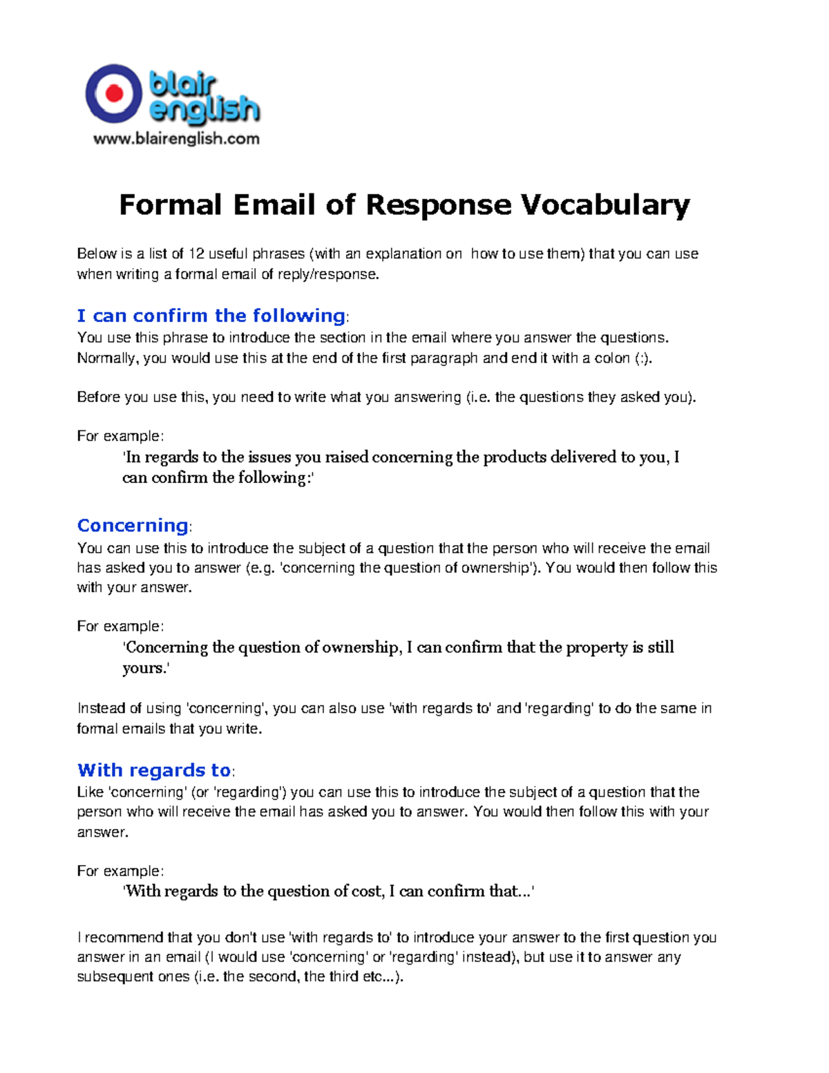 Email response vocabulary list - Formal Email of Response Vocabulary ...