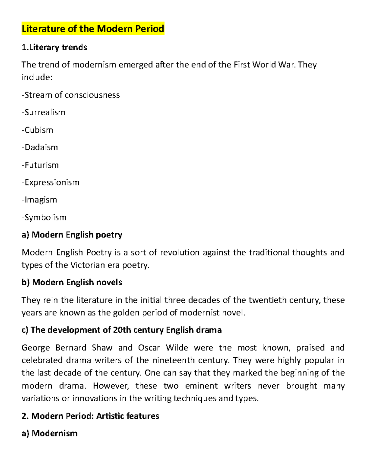 Literature of the Modern Period - They include: -Stream of ...