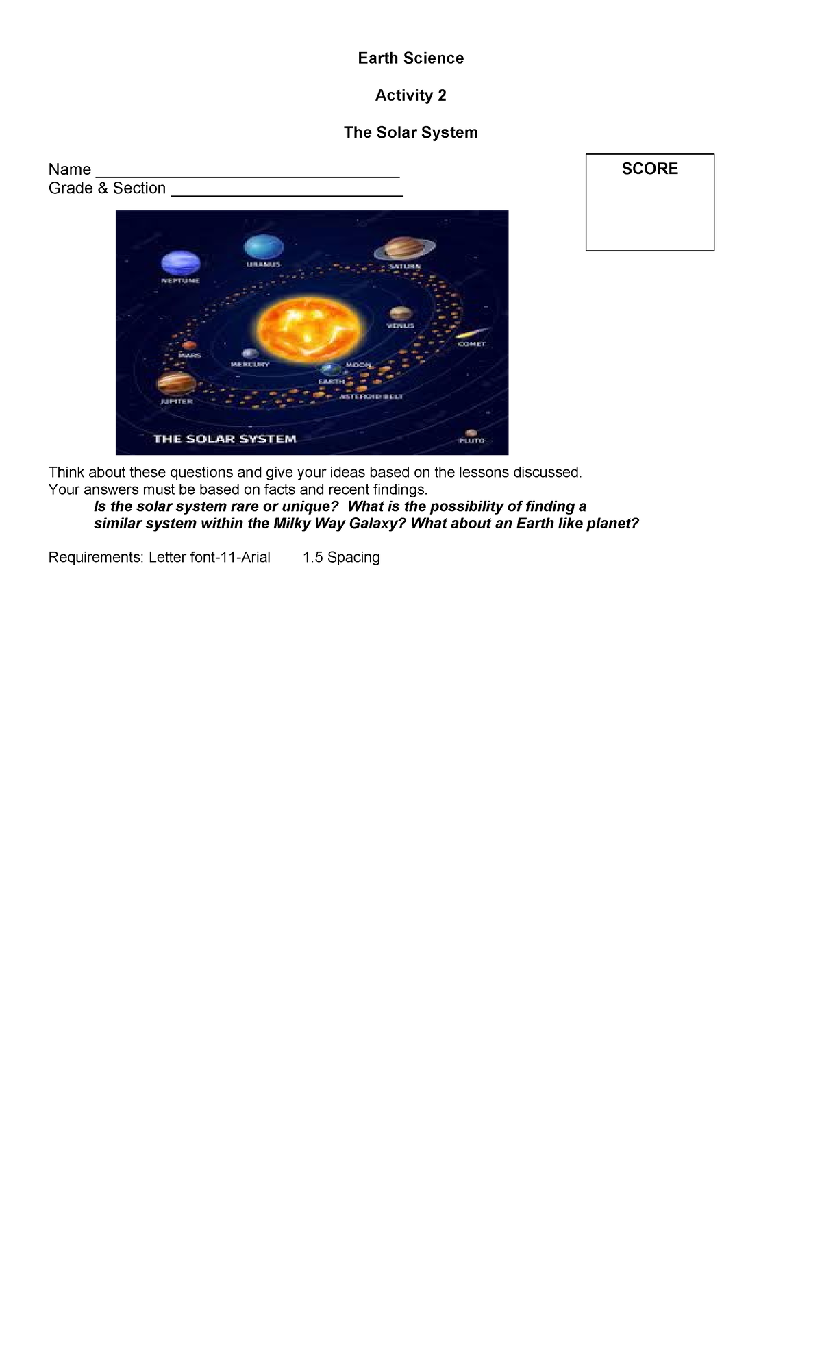 Earth Science Activity 2 - Earth Science Activity 2 The Solar System ...