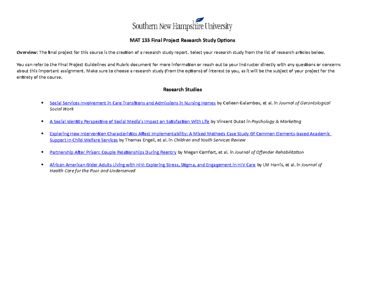 MAT 133 Final Project Research Study Options(21) - MAT 133 Final ...