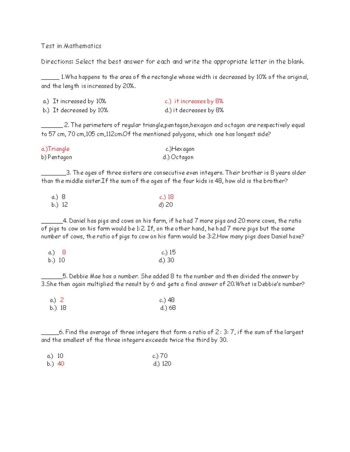 Test in mathematics 1 - sample quizzes - Test in Mathematics Directions ...