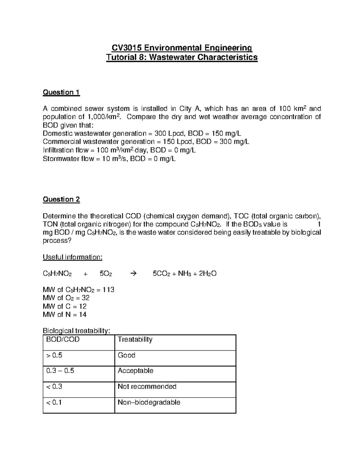 CV3015 Environmental Engineering T8-T12 Questions - CV3015 Environmental Engineering Tutorial 8 ...