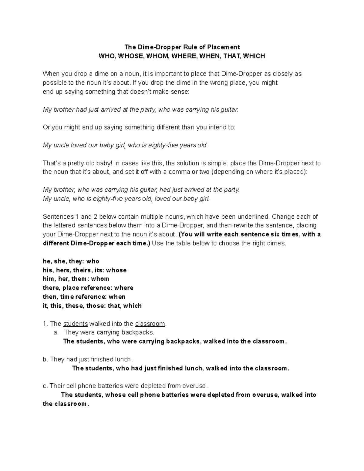 ENG 108 Dime-Dropper Rule of Placement Examples - The Dime-Dropper Rule ...