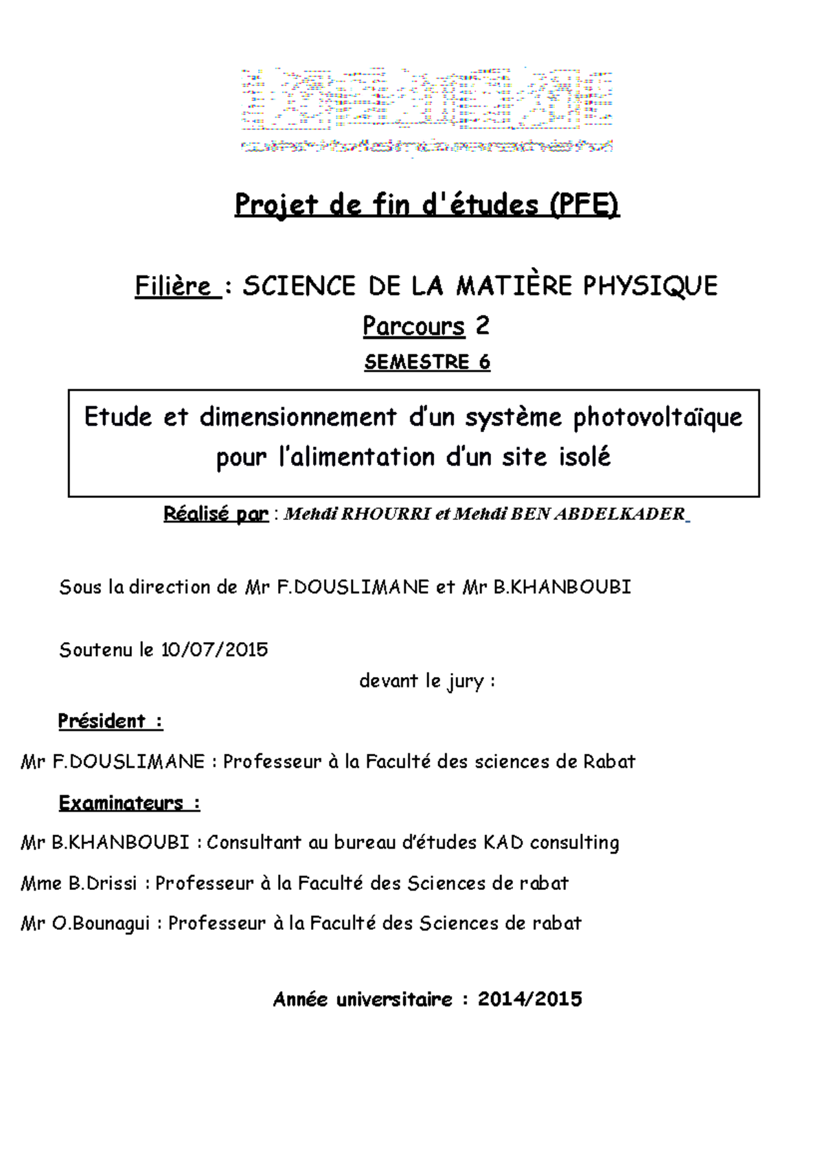 SDIC-PL0573 - PFE chimie - Projet de fin d'études (PFE) Filière ...