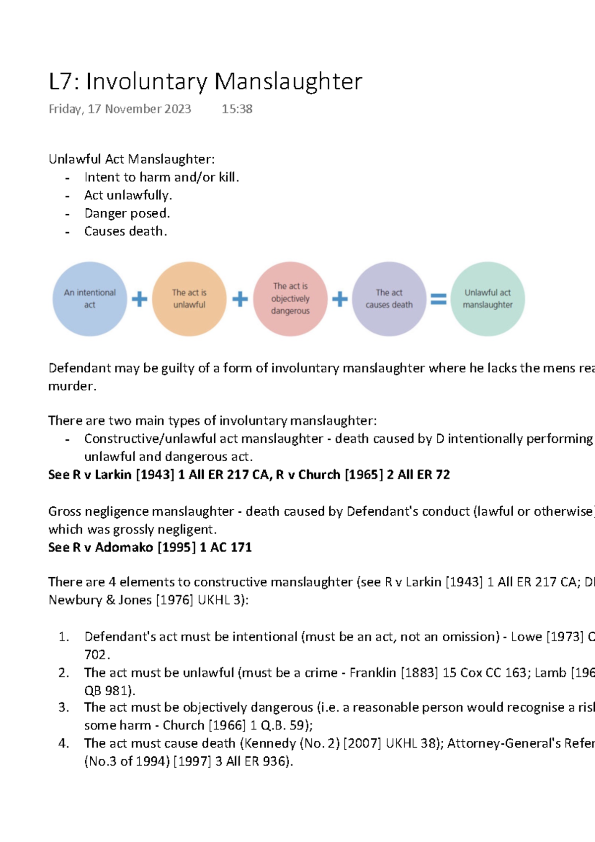L7 Involuntary Manslaughter - Unlawful Act Manslaughter: Intent to harm ...