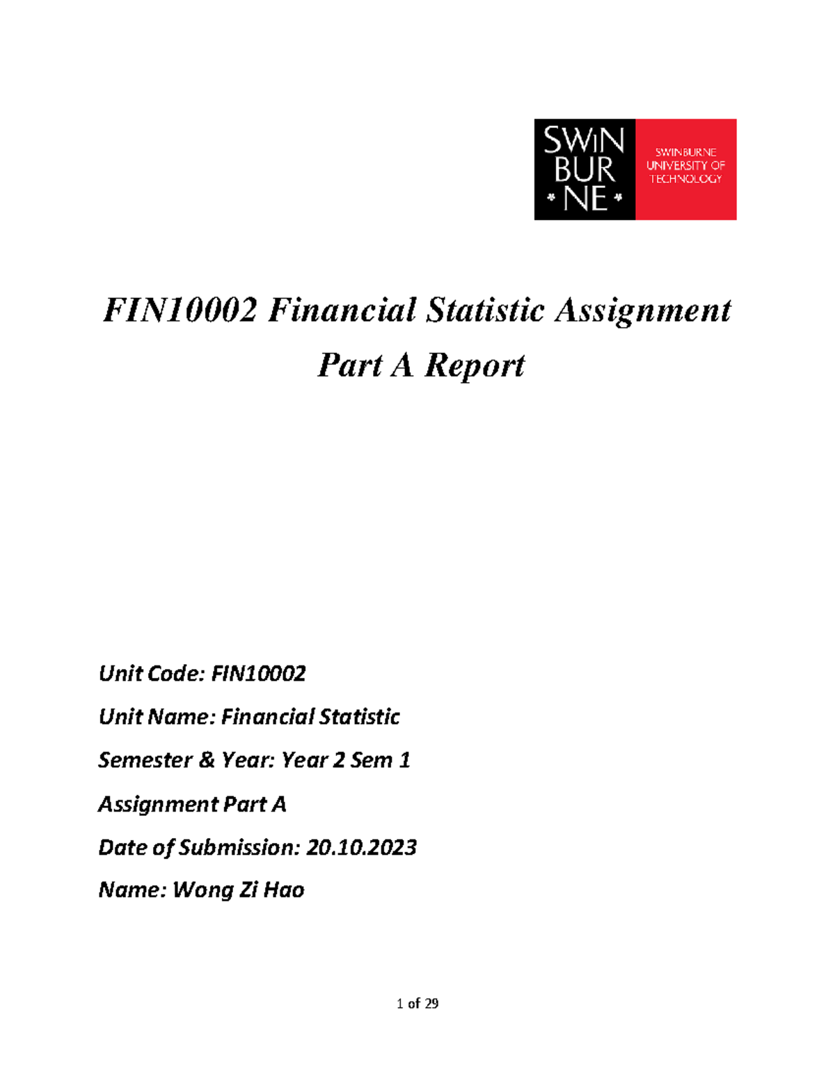 Fin10002 Wong Zi Hao Assignment Part A - FIN10002 Financial Statistic ...