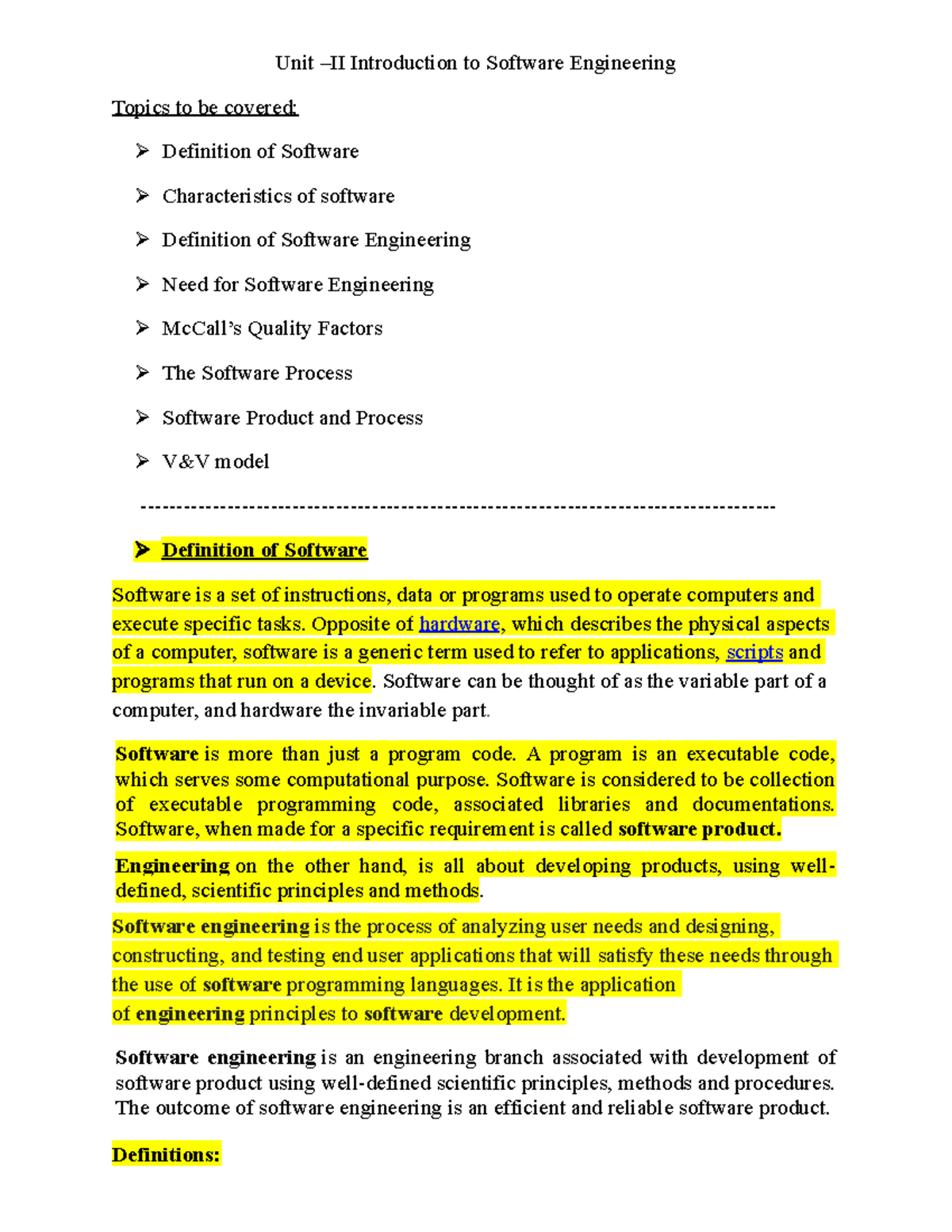Unit 2 Intro to Soft Eng - assignment - Unit –II Introduction to Software Engineering Topics to ...