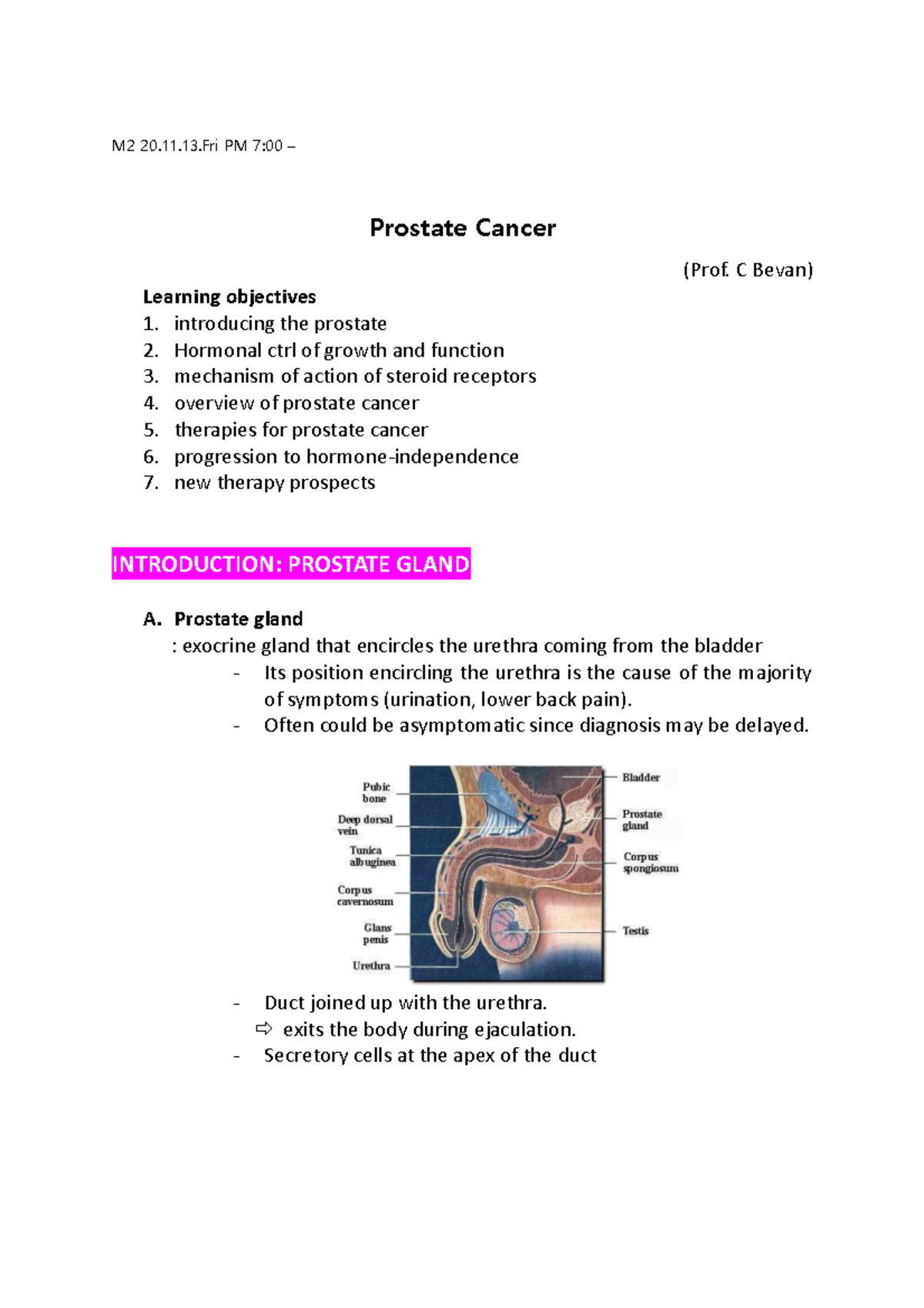M2 Lecture 17 Prostate Cancer Note - M2 20.11.13 PM 7:00 – Prostate Cancer (Prof. C Bevan ...