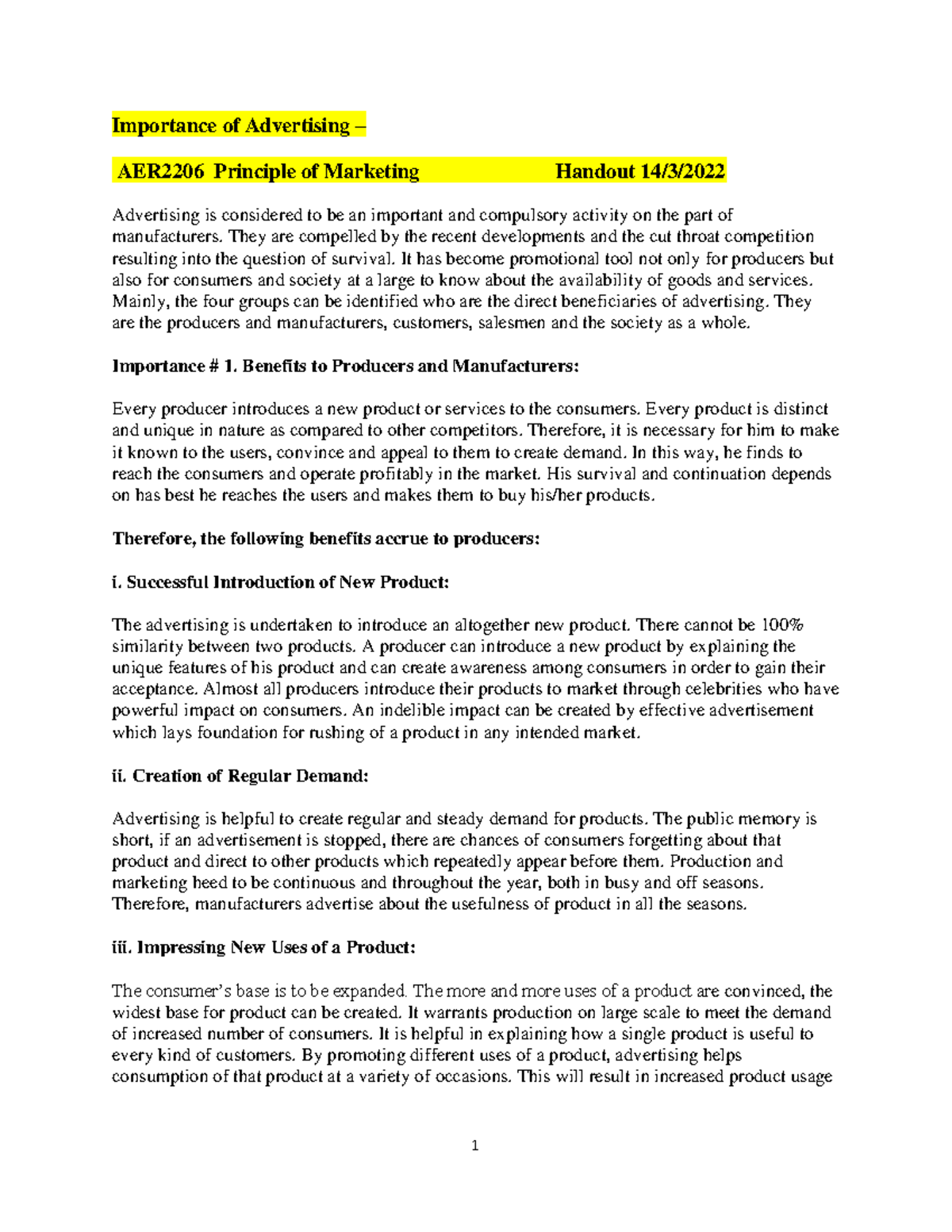 Importance of Advertising Handout March 2022 - Importance of Advertising – AER2206 Principle of ...