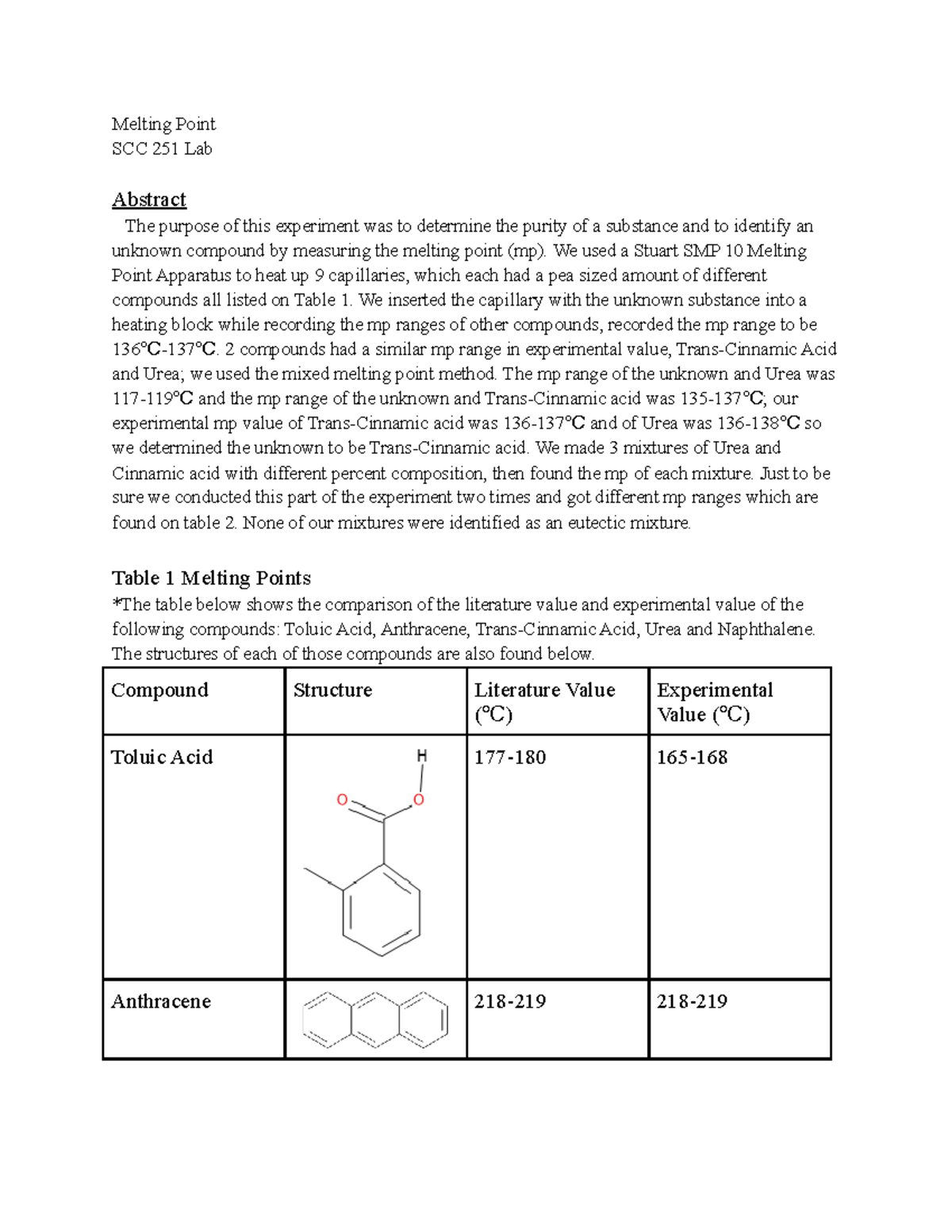 Melting Point Lab Report 1 - Melting Point SCC 251 Lab Abstract The ...