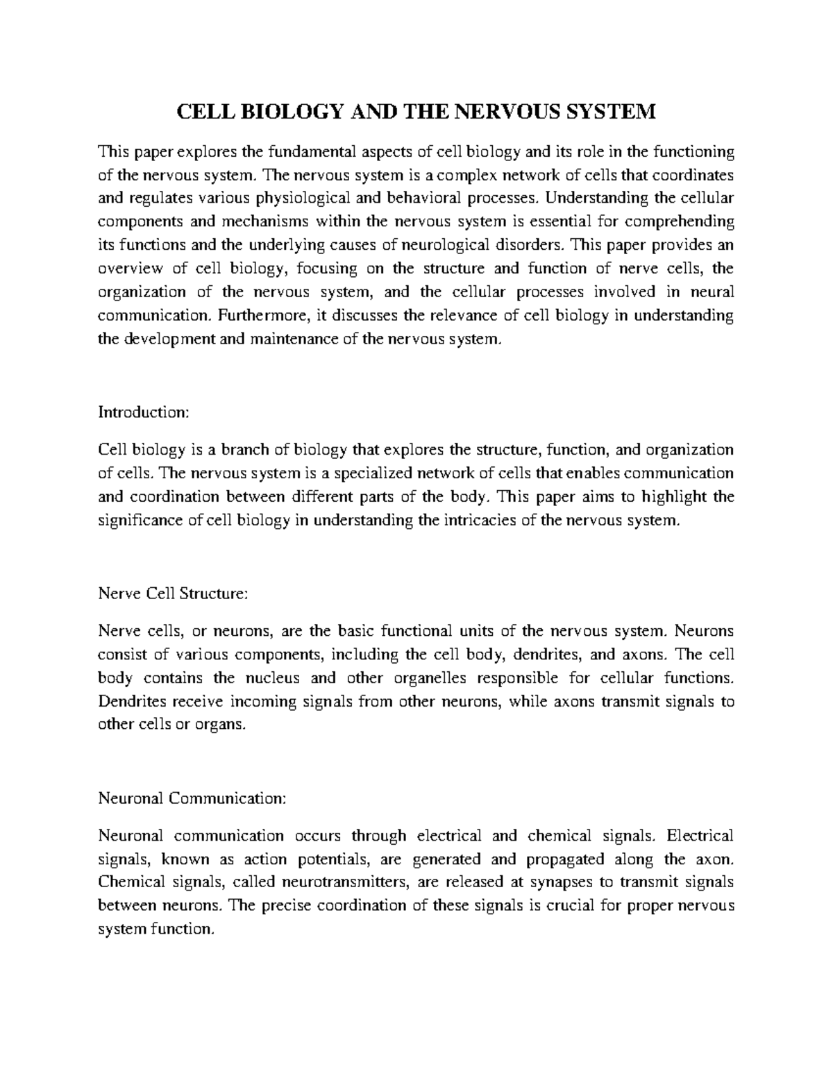 CELL Biology AND THE Nervous System - CELL BIOLOGY AND THE NERVOUS ...