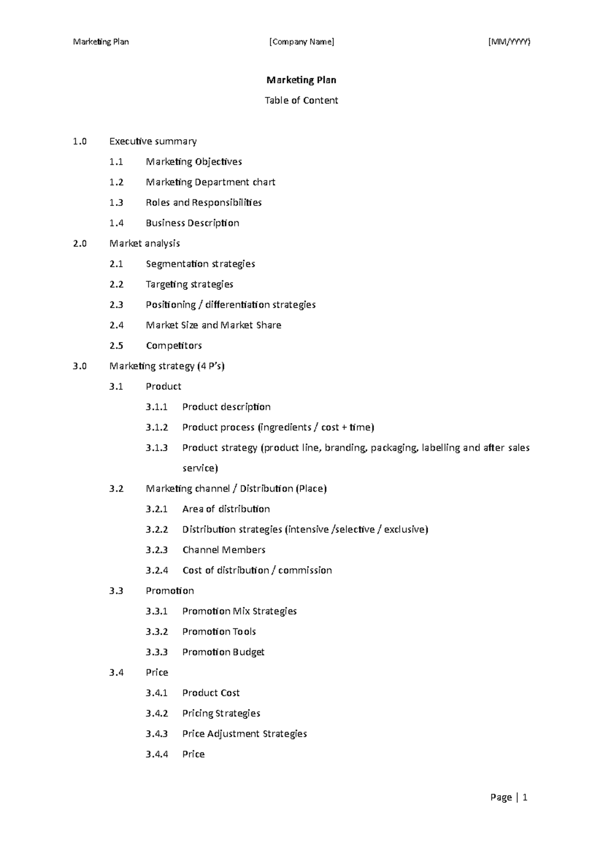 2. Marketing Plan - others - Marketing Plan Table of Content 1 ...