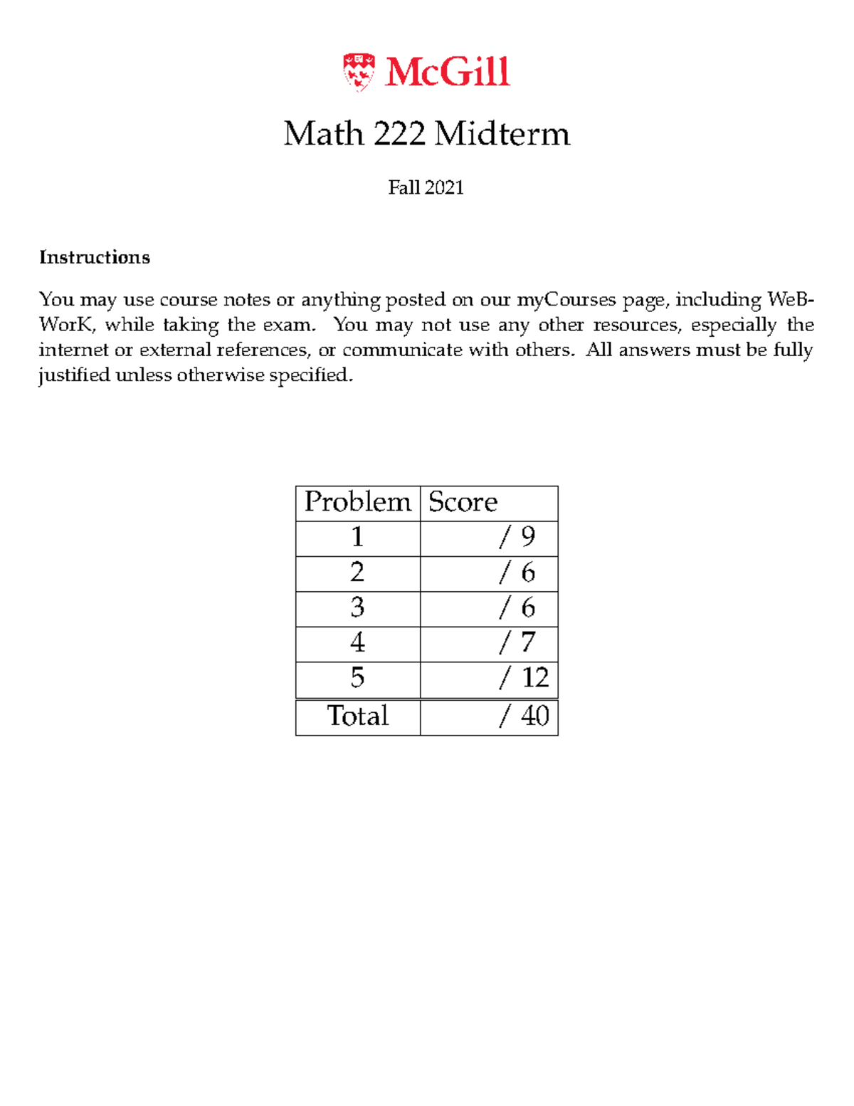 Midterm Oct 2021 Calc III - Math 222 Midterm Fall 2021 Instructions You ...