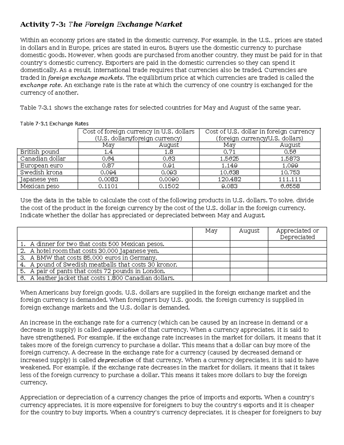7-3 Foreign Exchange Market - Activity 7-3: The Foreign Exchange Market ...