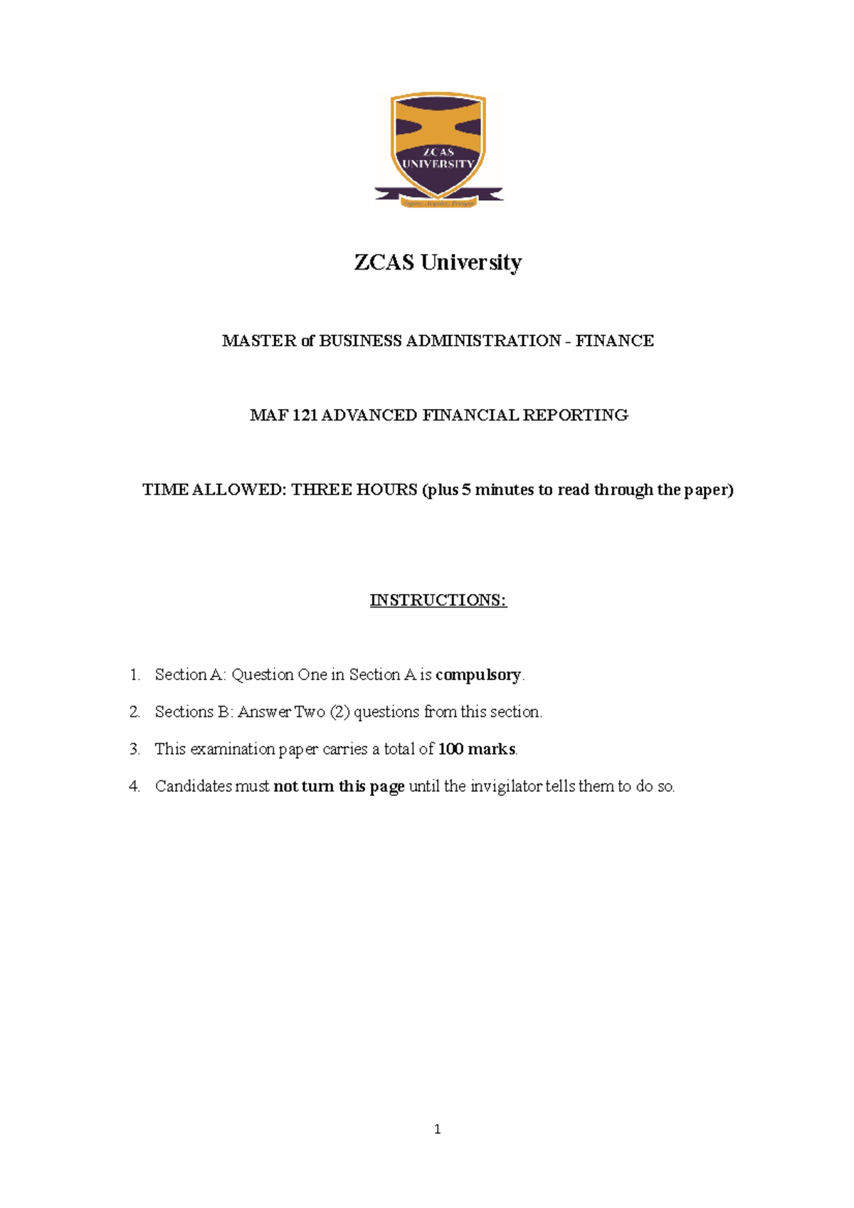 Final Exam 30 December 2020, questions - ZCAS University MASTER of ...