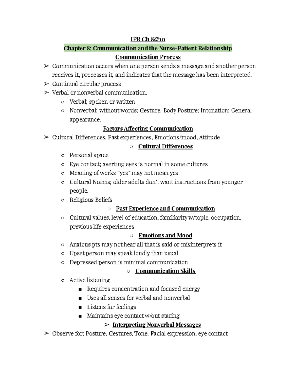 IPR 3 Ch 8&10 Nursing fundamentals - IPR Ch 8& Chapter 8; Communication ...