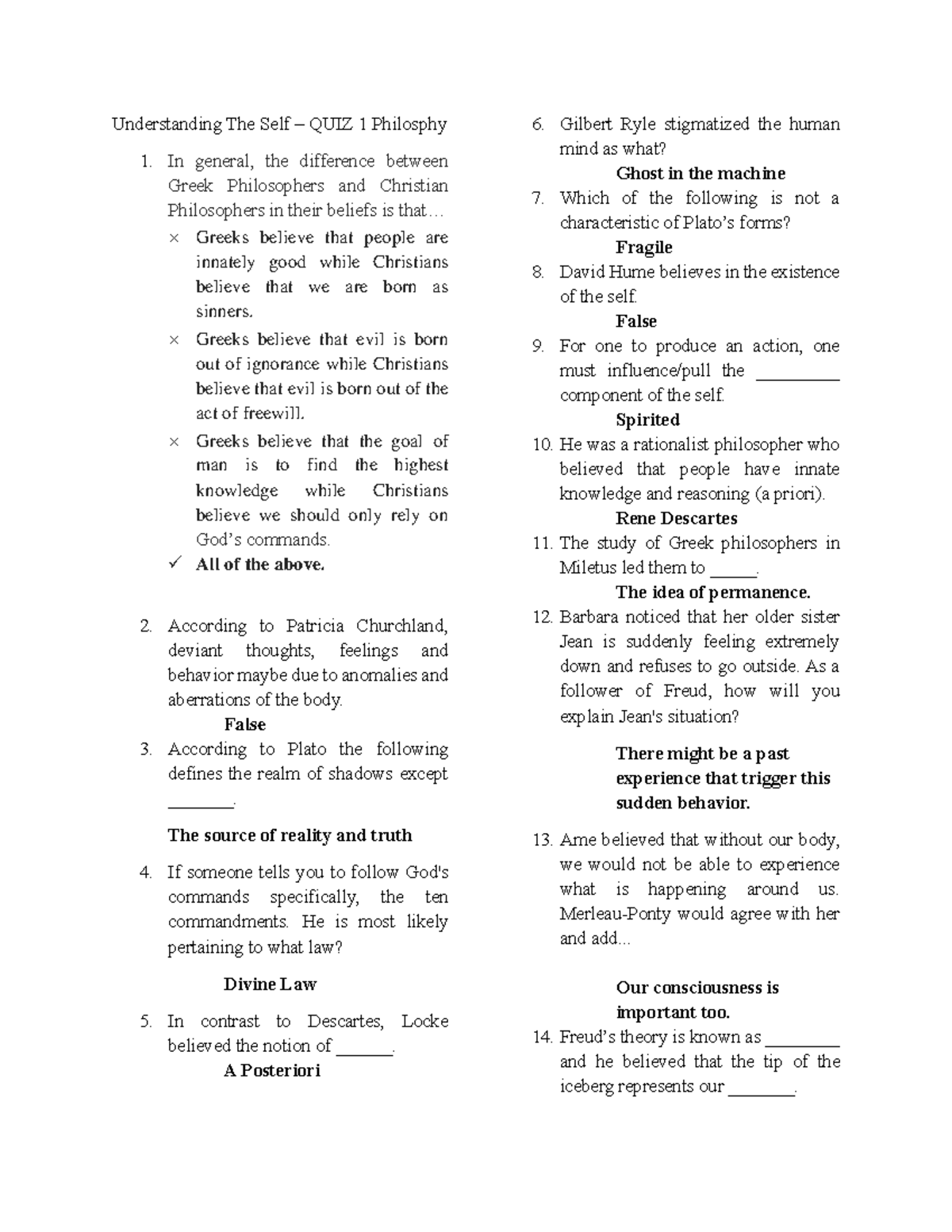 UTS QUIZ NOTES 1 and 2 - Understanding The Self – QUIZ 1 Philosphy 1 ...