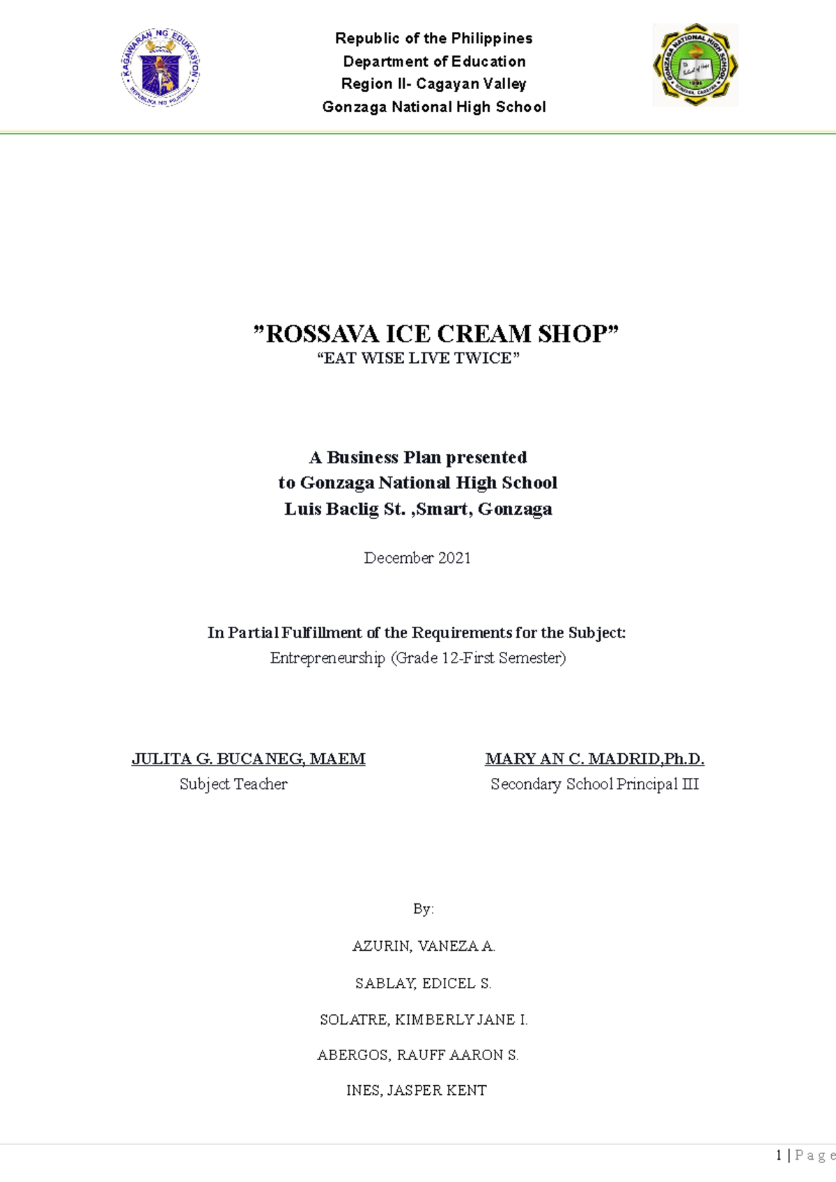 Business PLAN STEM 12 - Republic of the Philippines Department of ...