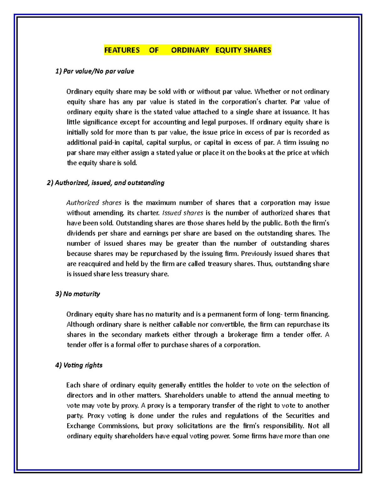 Features OF Ordinary Equity Shares - FEATURES OF ORDINARY EQUITY SHARES ...