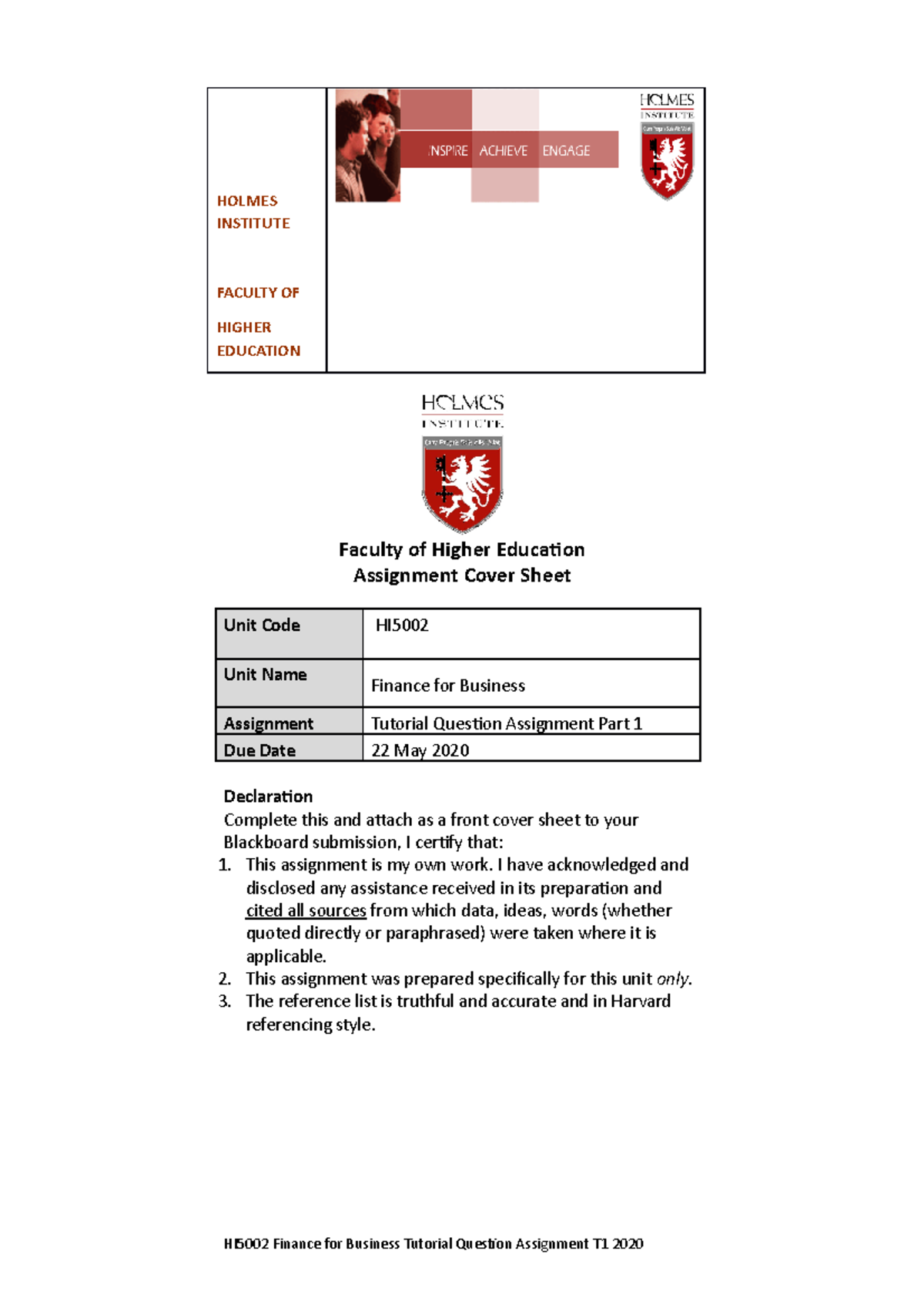 HI5002 Tutorial Assignment Part 1 - HOLMES INSTITUTE FACULTY OF HIGHER ...