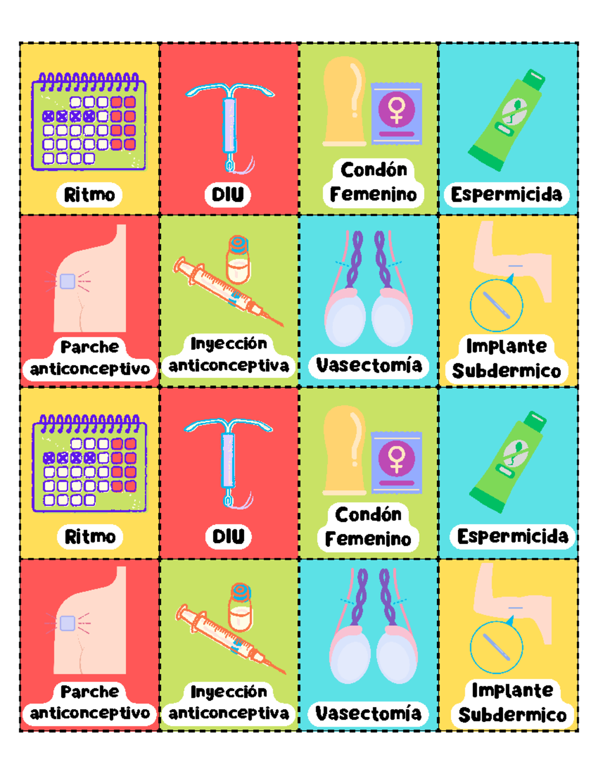 Memorama Metodos Anticonceptivos Tamaño Carta - Ritmo DIU Condón ...