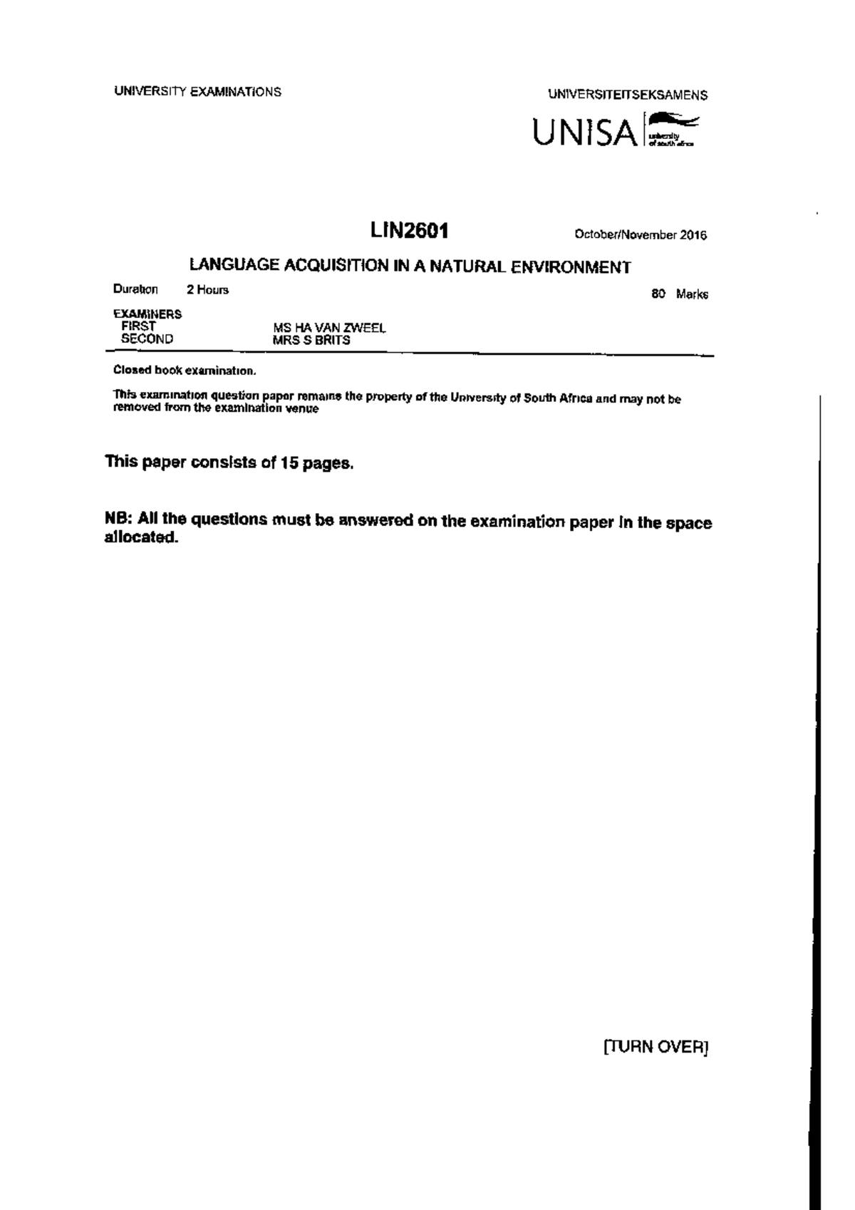 Lin2601 pastpapers - Past examination papers - UNIVERSITY EXAMINATIONS ...