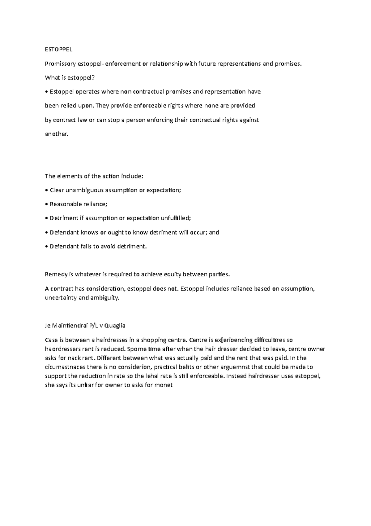 Estoppel - exam notes - ESTOPPEL Promissory estoppel- enforcement or ...