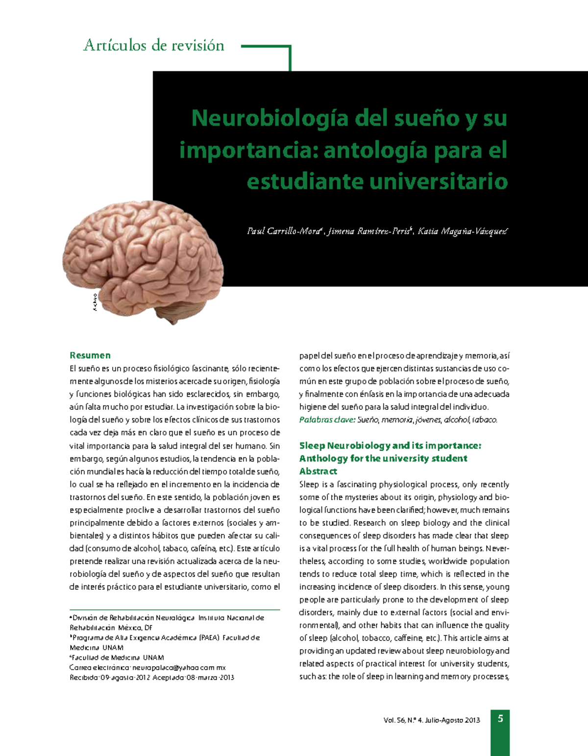 Neurobiologia del sueo - Vol. 56, N 4. Julio-Agosto 2013 55 Artículos ...