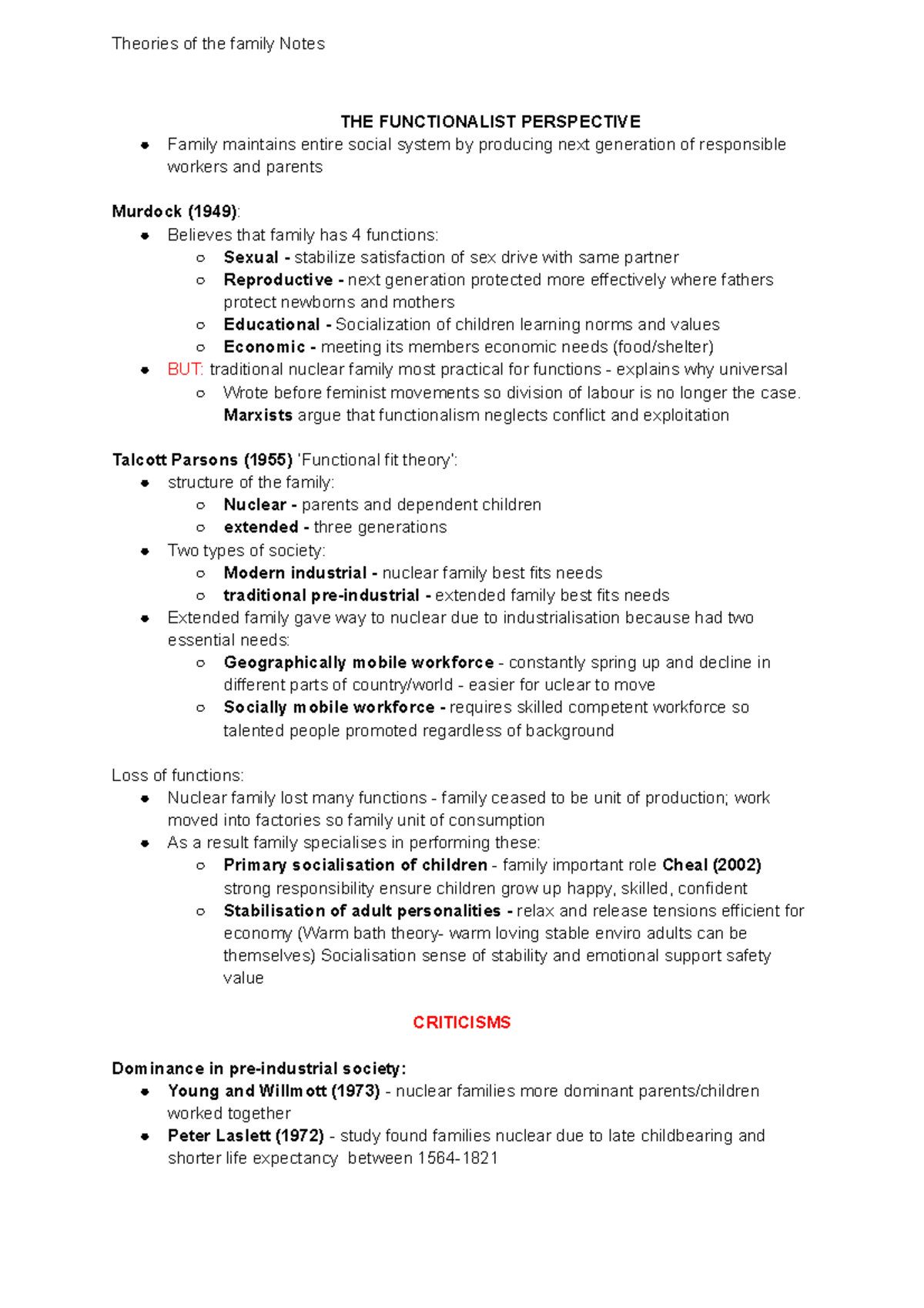 Theories of the family notes - THE FUNCTIONALIST PERSPECTIVE Family ...