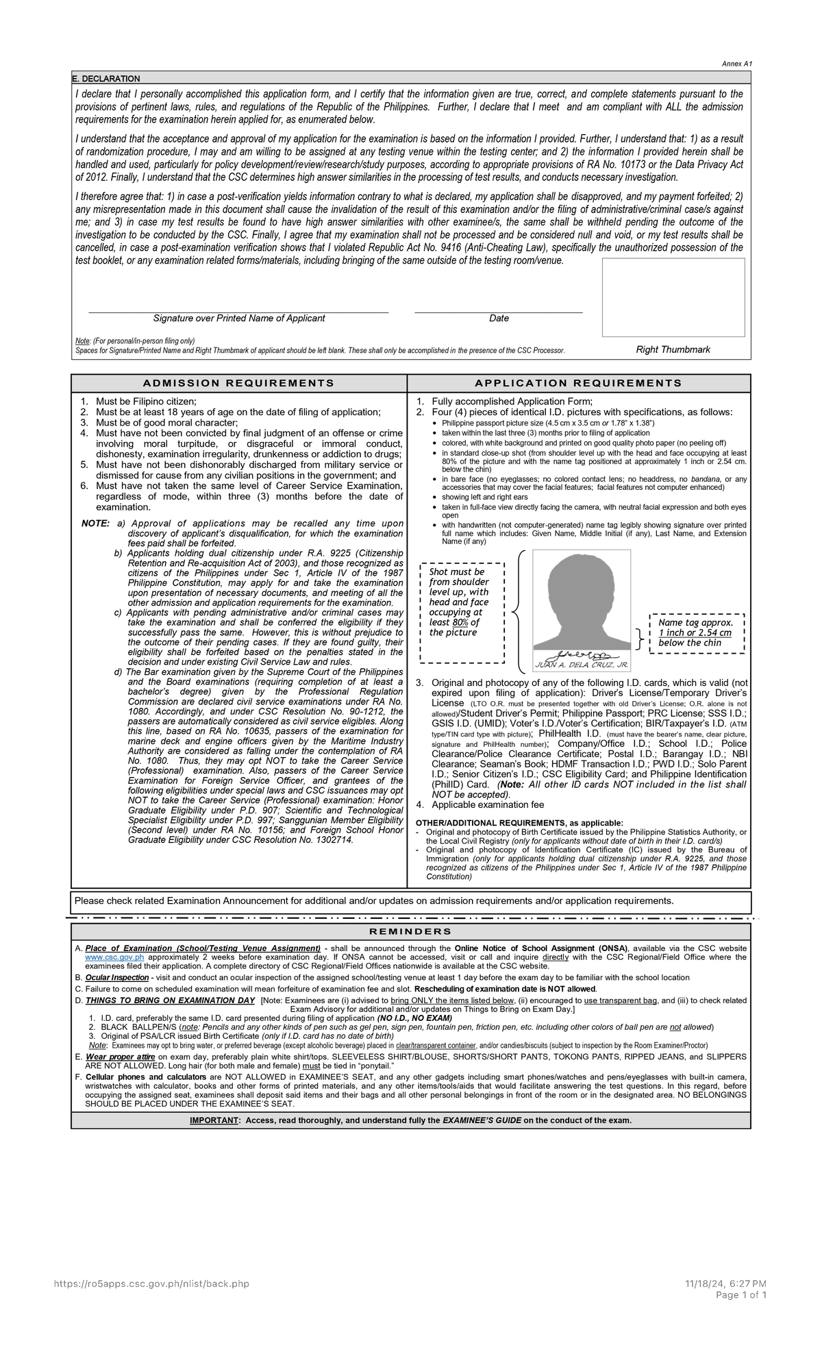 CSC RO5 Online Exam Application Form - Annex A1 E. DECLARATION I ...