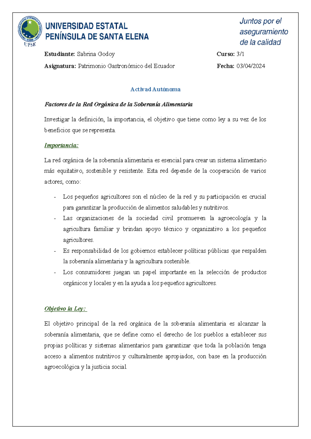 Factores de la Red Orgánica de la Soberanía Alimentaria - Estudiante ...