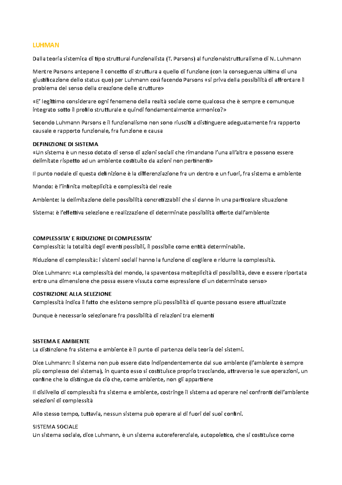 Luhman - Riassunto e schema di - LUHMAN Dalla teoria sistemica di tipo ...
