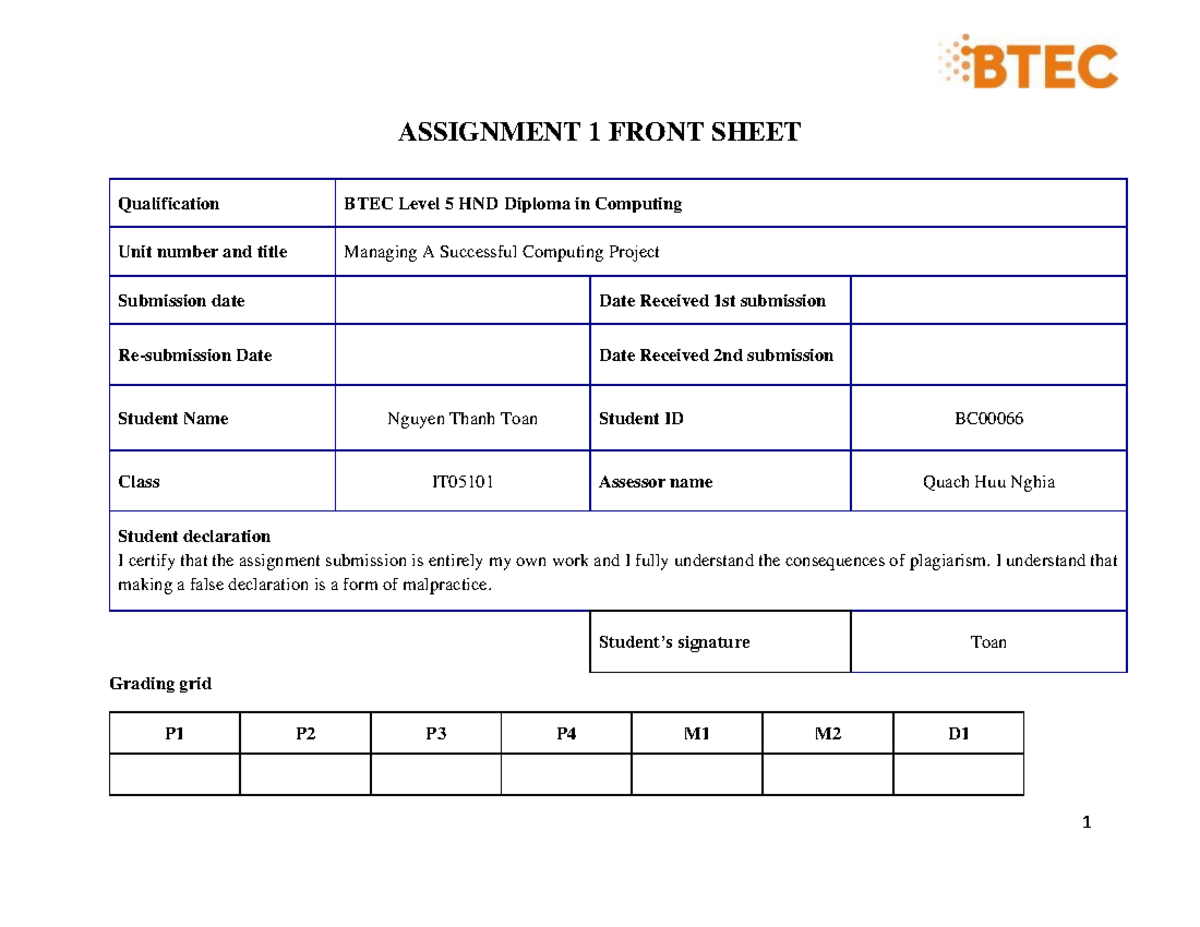 ASM1 Accsasaenwoak - ASSIGNMENT 1 FRONT SHEET Qualification BTEC Level 5 HND Diploma in ...