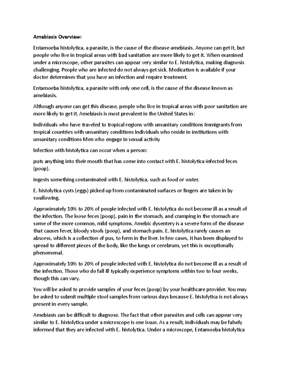 Amebiasis Overview: Causes Symptoms and Treatment - Studocu