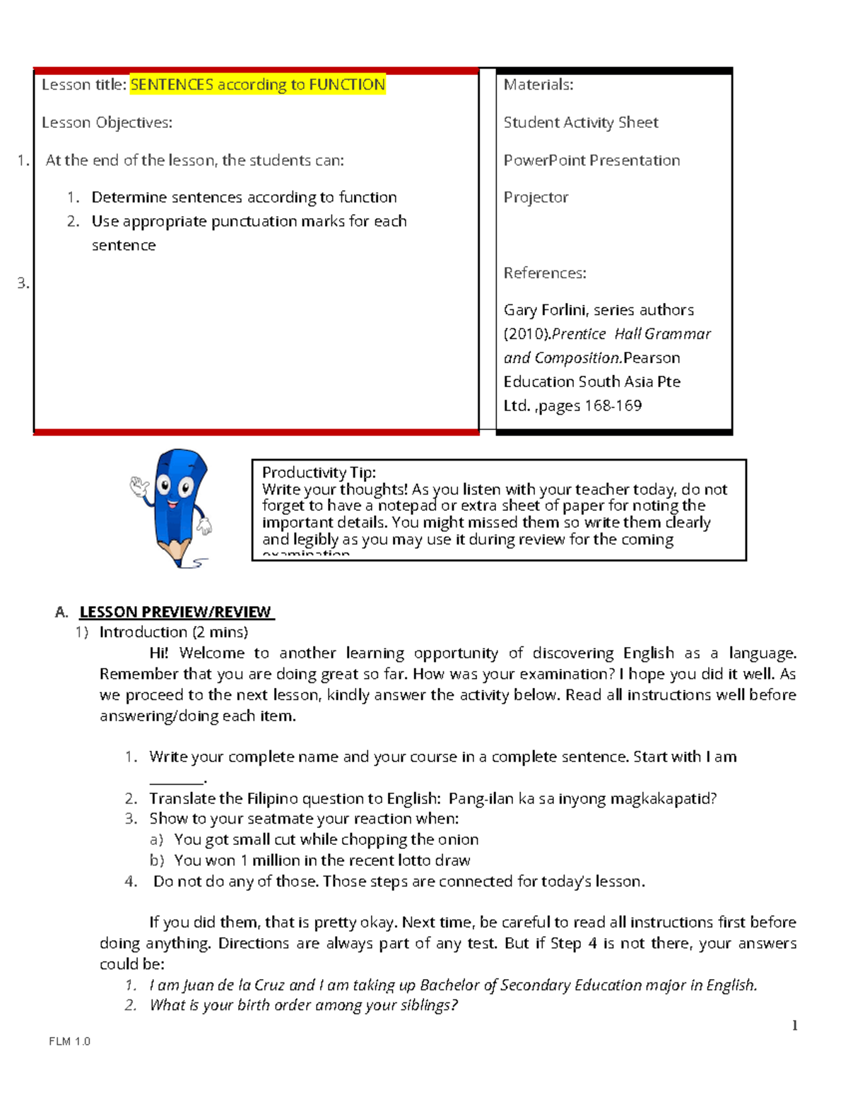 ENG 028: Notes day 18 - Lesson title: SENTENCES according to FUNCTION ...