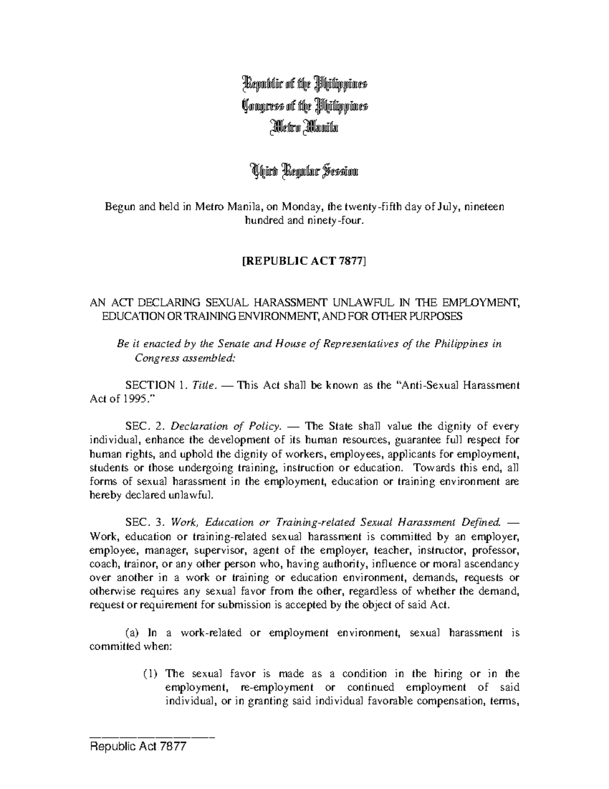 Republic act 7877 - 7877 - Republic of the Philippines Congress of the ...