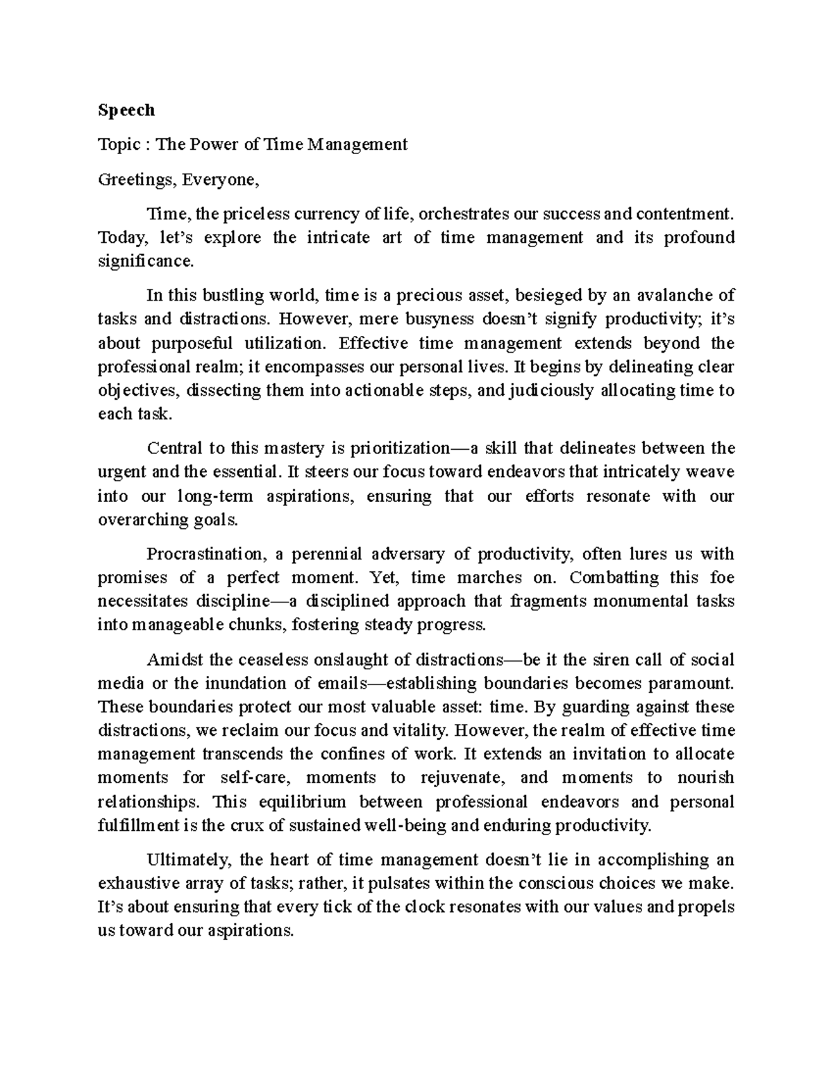 SS Lab Speech Assignment - Speech Topic : The Power of Time Management ...