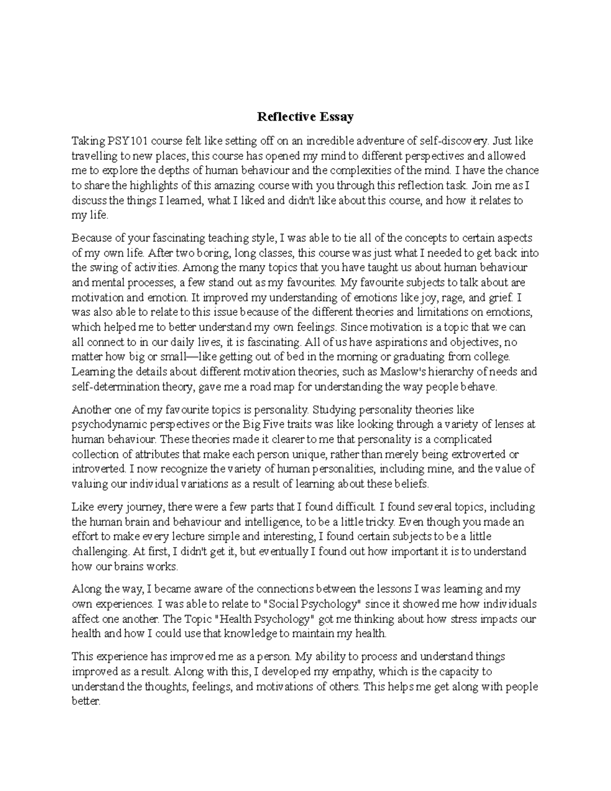 Reflection Paper - Reflective Essay Taking PSY101 course felt like ...