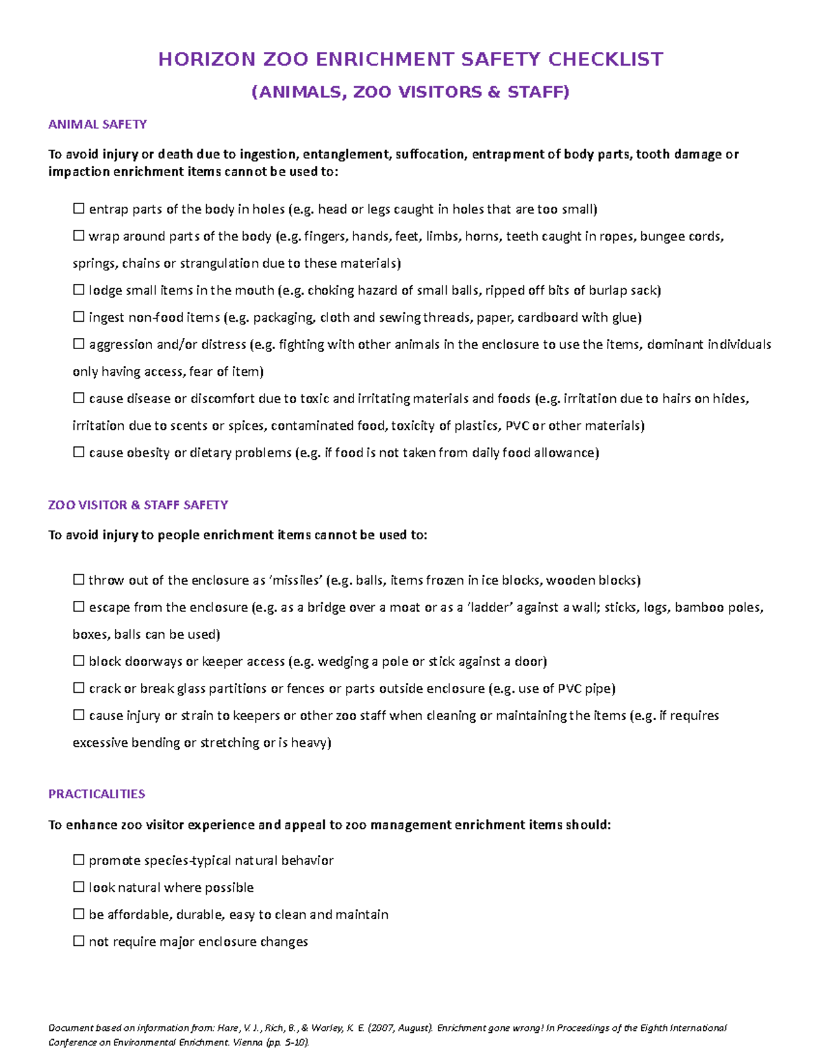 Horizon ZOO Enrichment Safety Checklist Updated - HORIZON ZOO ...