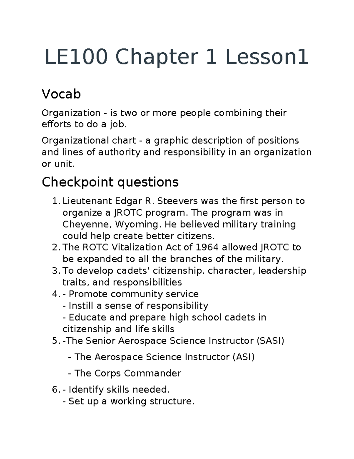 LE 100 Chapter 1 Lesson 1 - LE100 Chapter 1 Lesson Vocab Organization - is two or more people ...