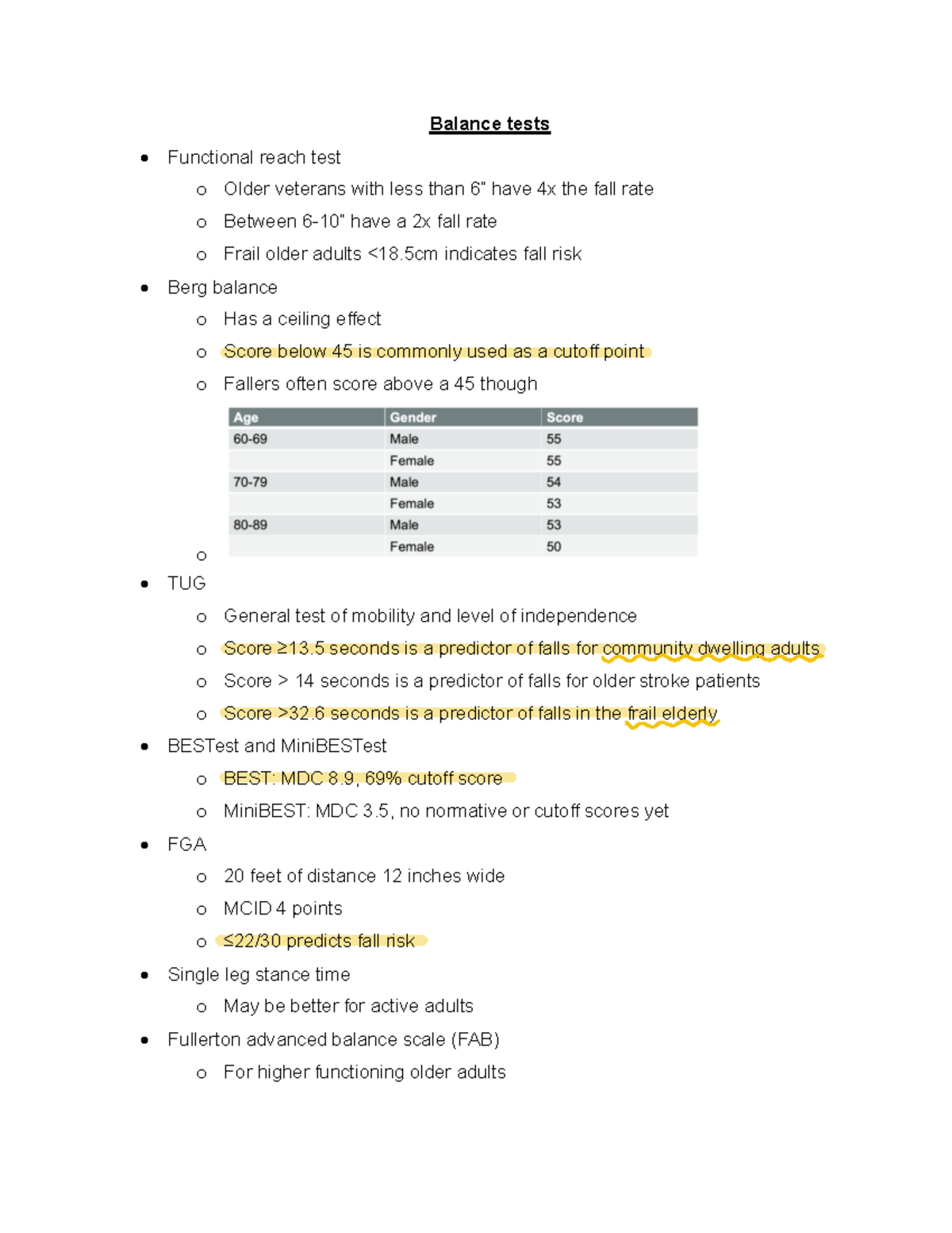 Outcome Measures Summary - Balance tests Functional reach test o Older ...