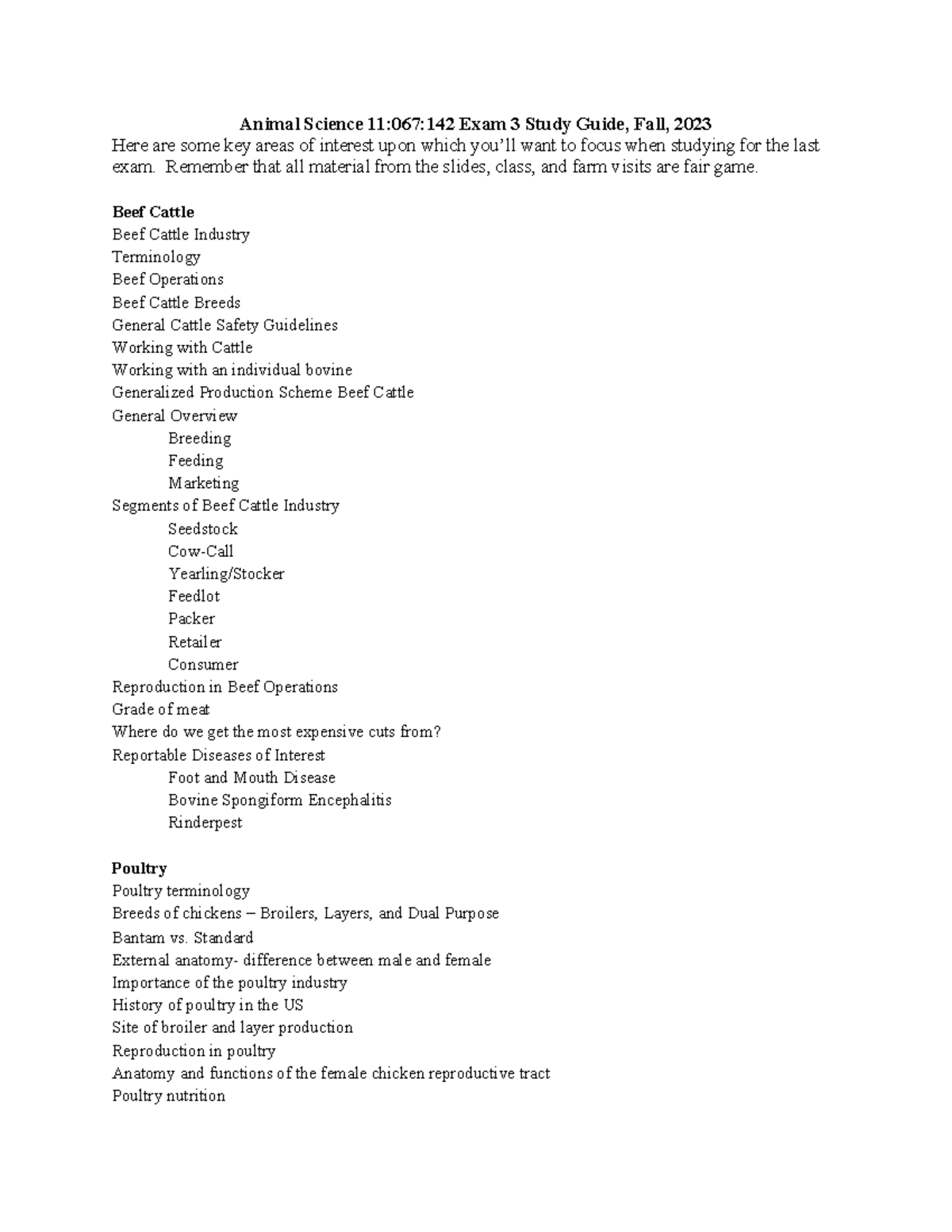 2023 Fall Study Guide Exam 3 - Animal Science 11:067:142 Exam 3 Study Guide, Fall, 2023 Here are ...