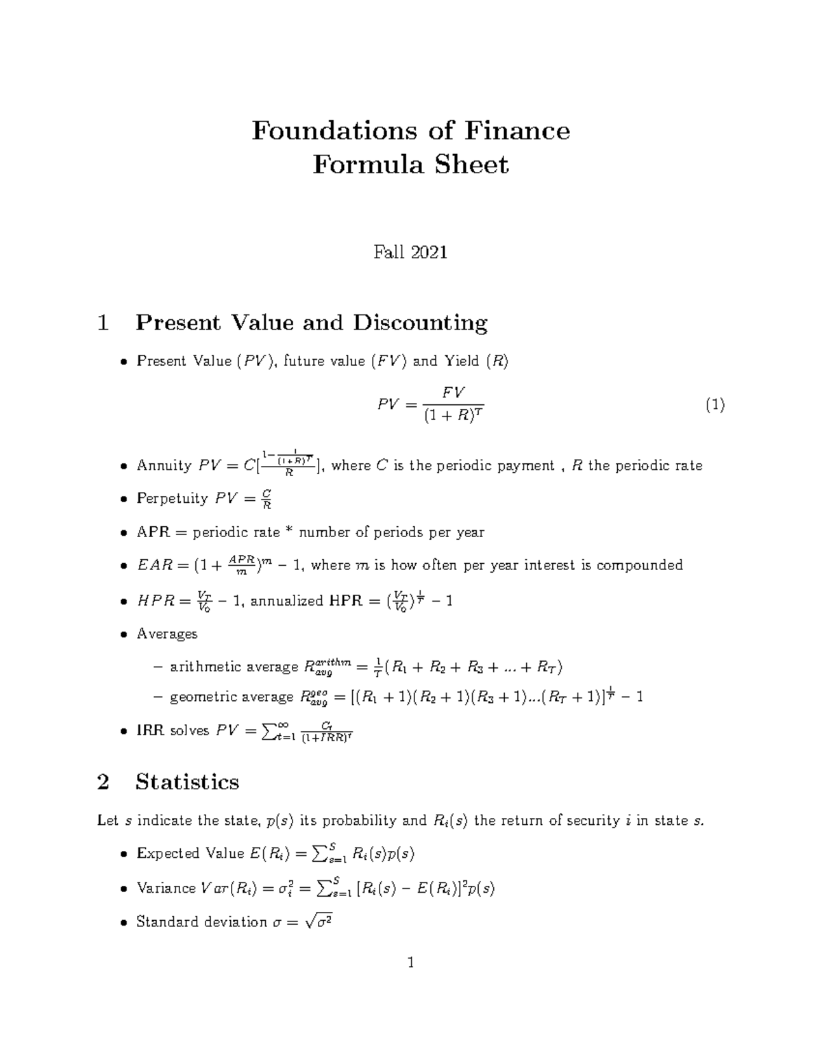 Foundations of Finance Formula Sheet Fall 2021 - Foundations of Finance ...