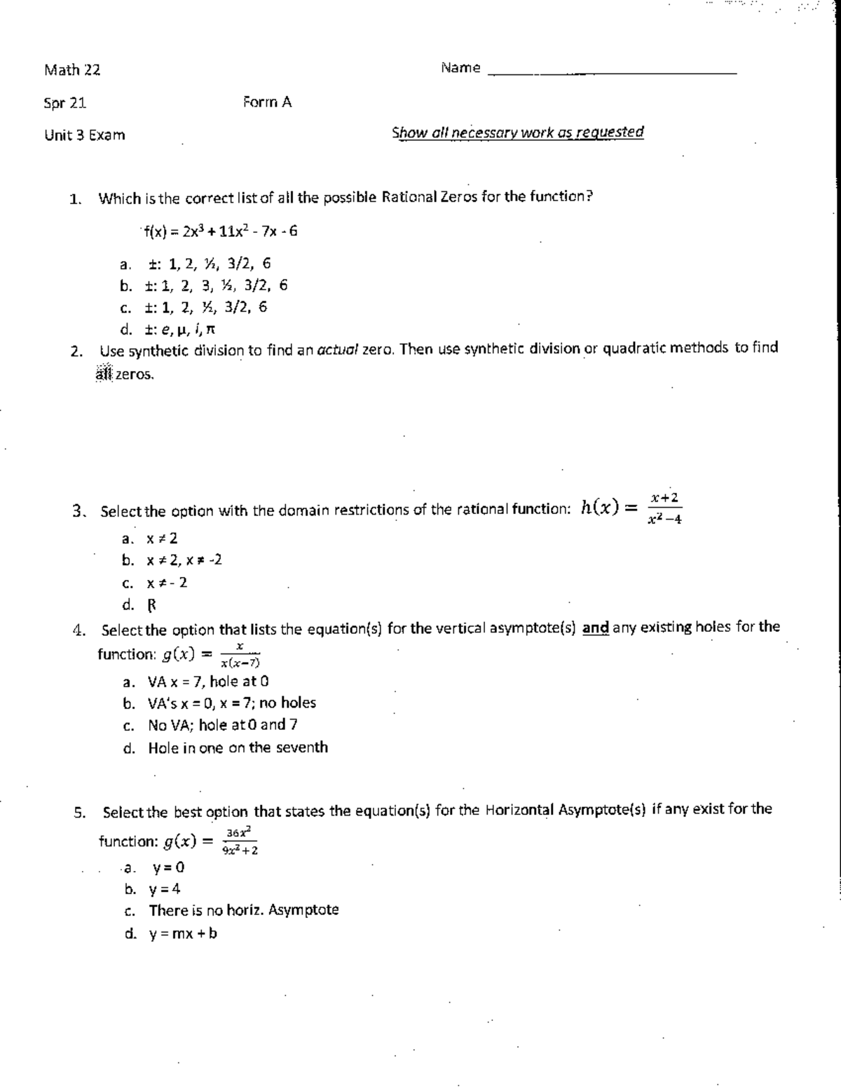 Unit 3 exam - Math 22 final exam. It does not have the answers but has ...